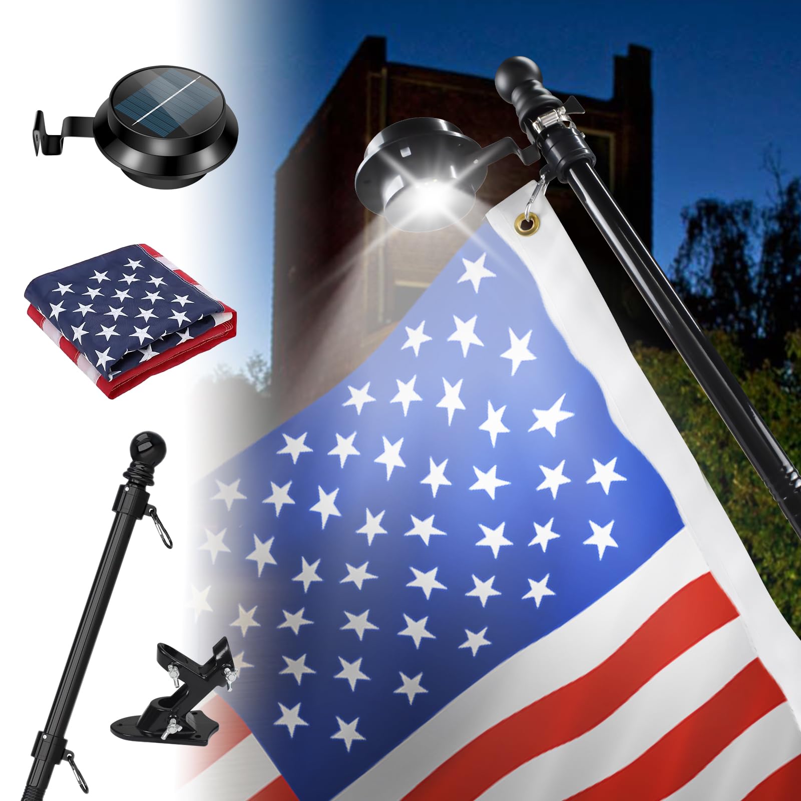 Black 6ft American Flag Pole Kit with Solar Light for Outside House ...