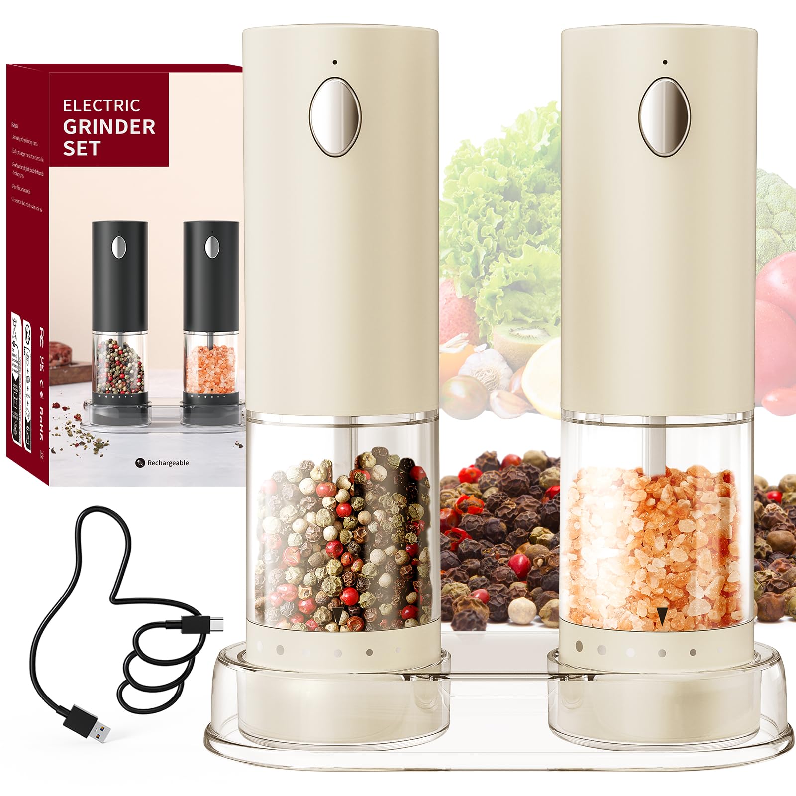 CIRCLE JOY Electric Salt and Pepper Grinder Set Rechargeable Salt and Pepper Mills with Storage ...
