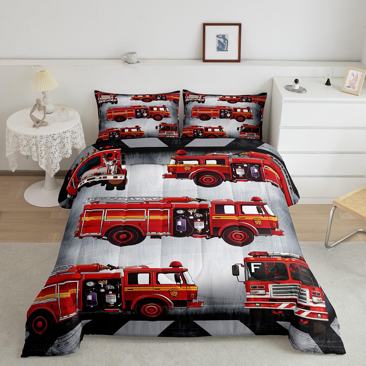 Manfei Fire Truck Comforter Set Full Size Red Fire Engine Duvet Insert ...