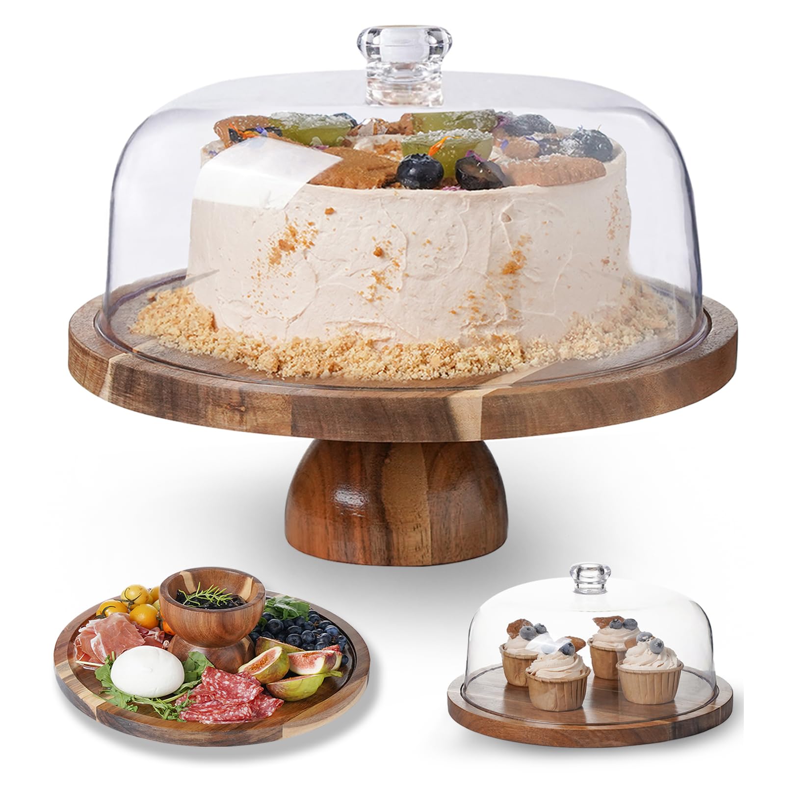 Kanwone Acacia Wood Cake Stand with Acrylic Lid (Not Glass) - 12in Cake ...