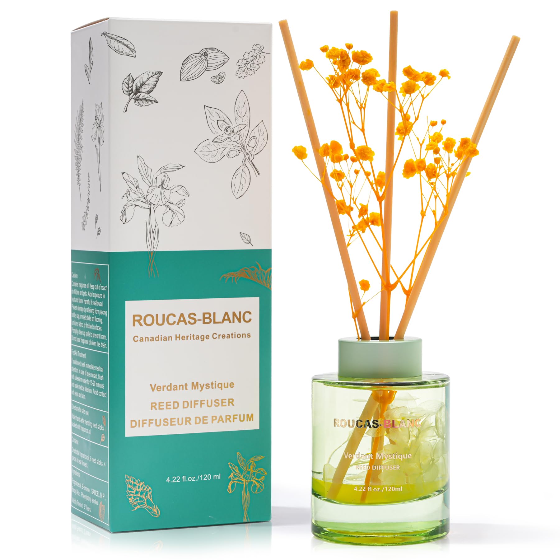 ROUCAS BLANC Perfume Grade Reed Diffuser with Real Flowers, Green ...