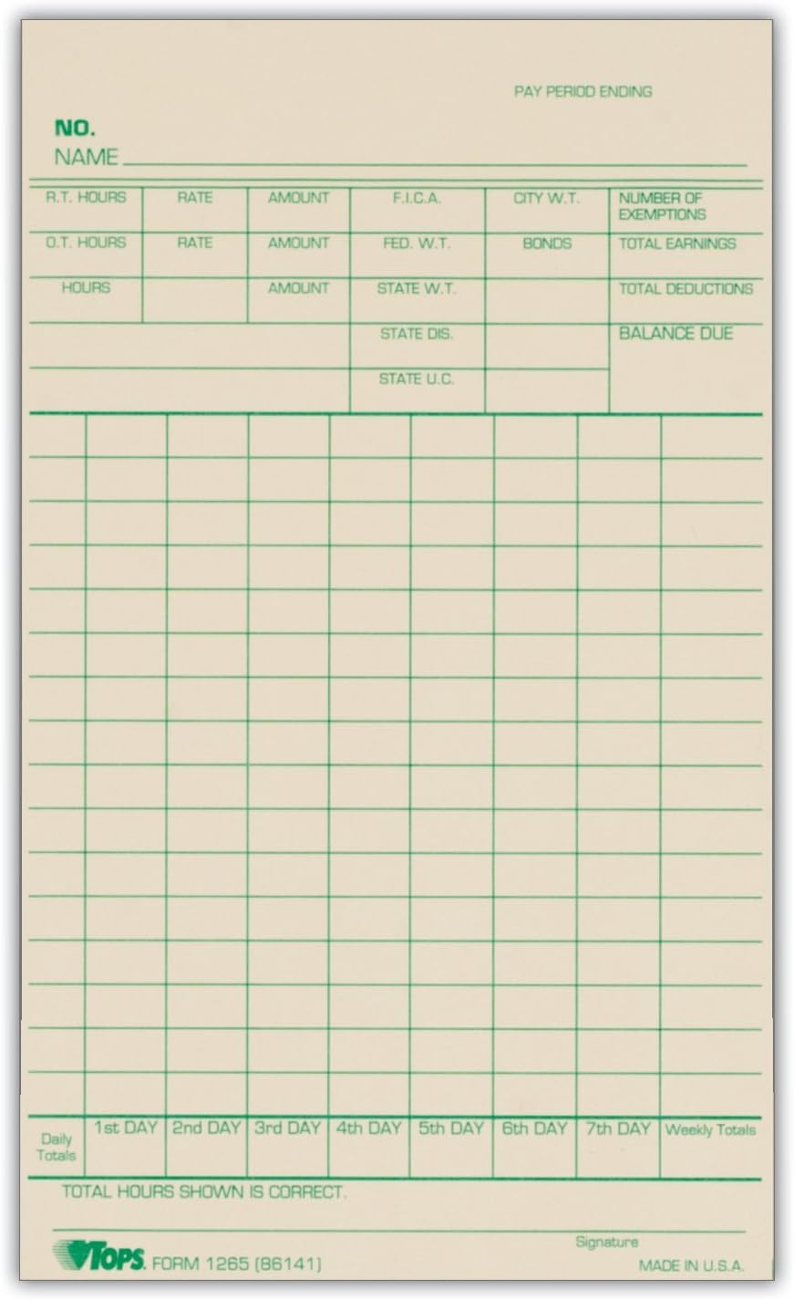 Amazon.com : TOPS Time Cards, Weekly, 1-Sided, 4-3/16" x 7", Manila ...