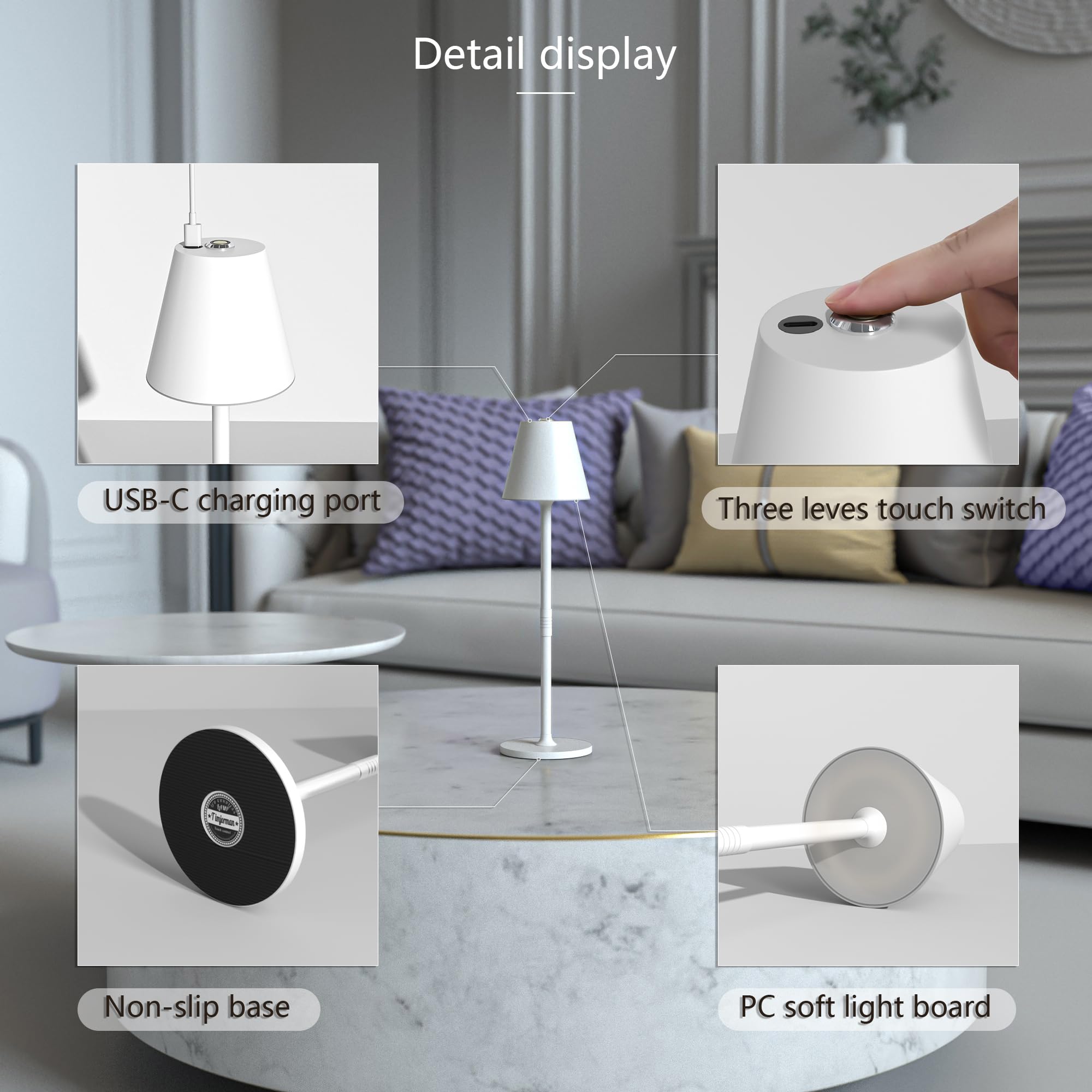 Timjorman Modern LED Cordless Table Lamp, 4000mAh Rechargeable Battery ...