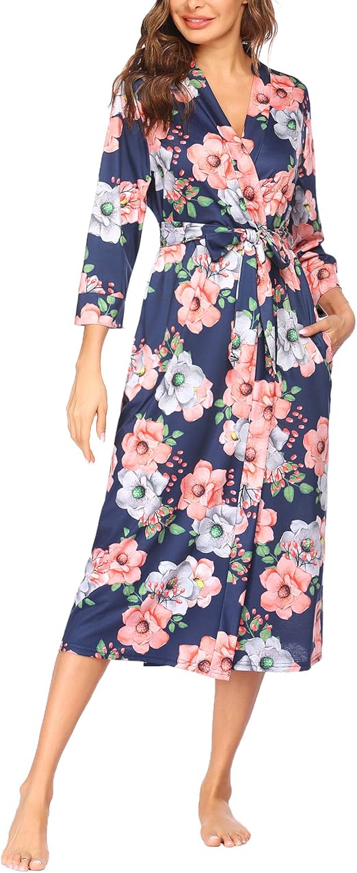 MAXMODA Women Kimono Floral Robes Cotton Soft Long Robe Knit Bathrobe ...