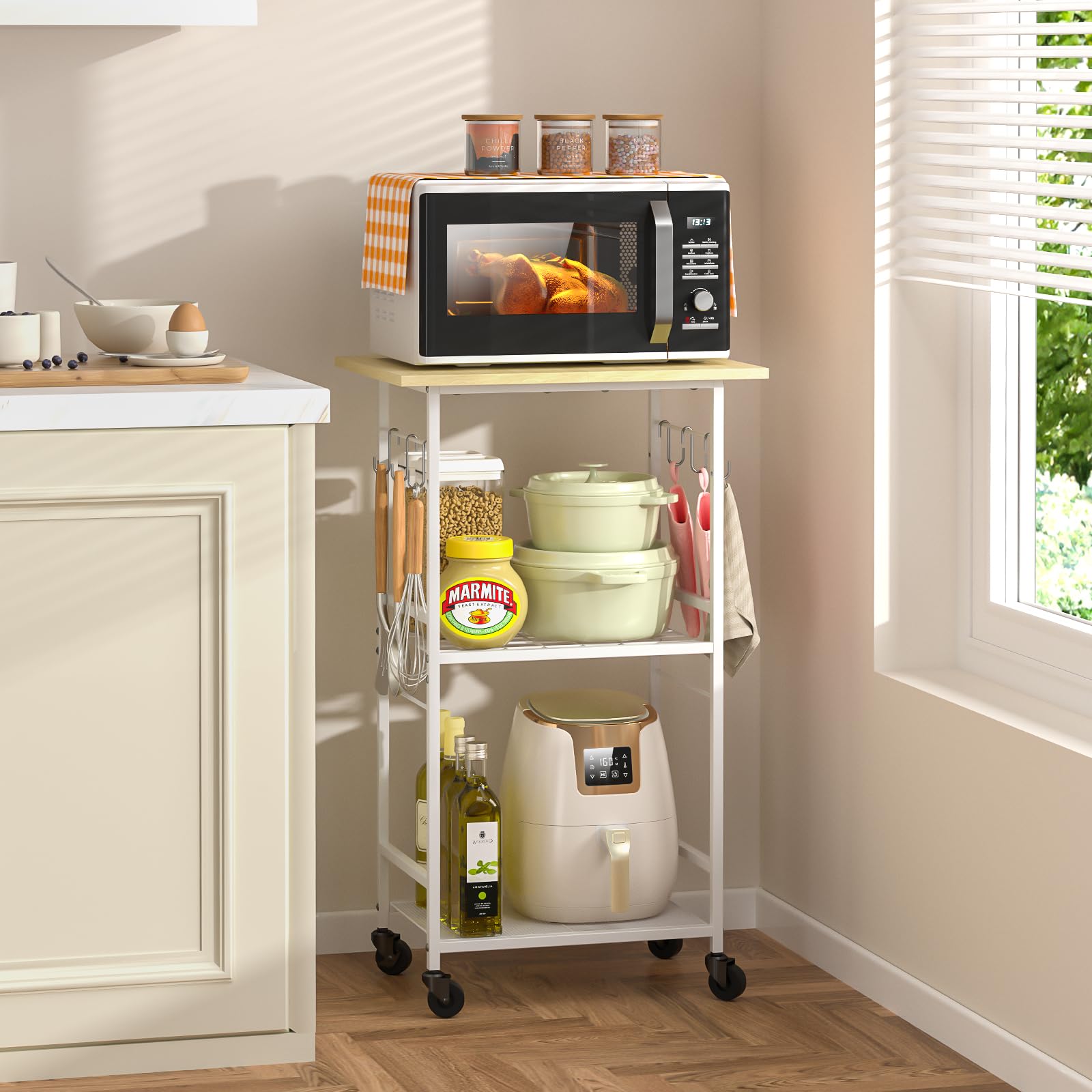 ThreeHio Rolling Kitchen Microwave Cart, 3 Tier Microwave Table Stand ...