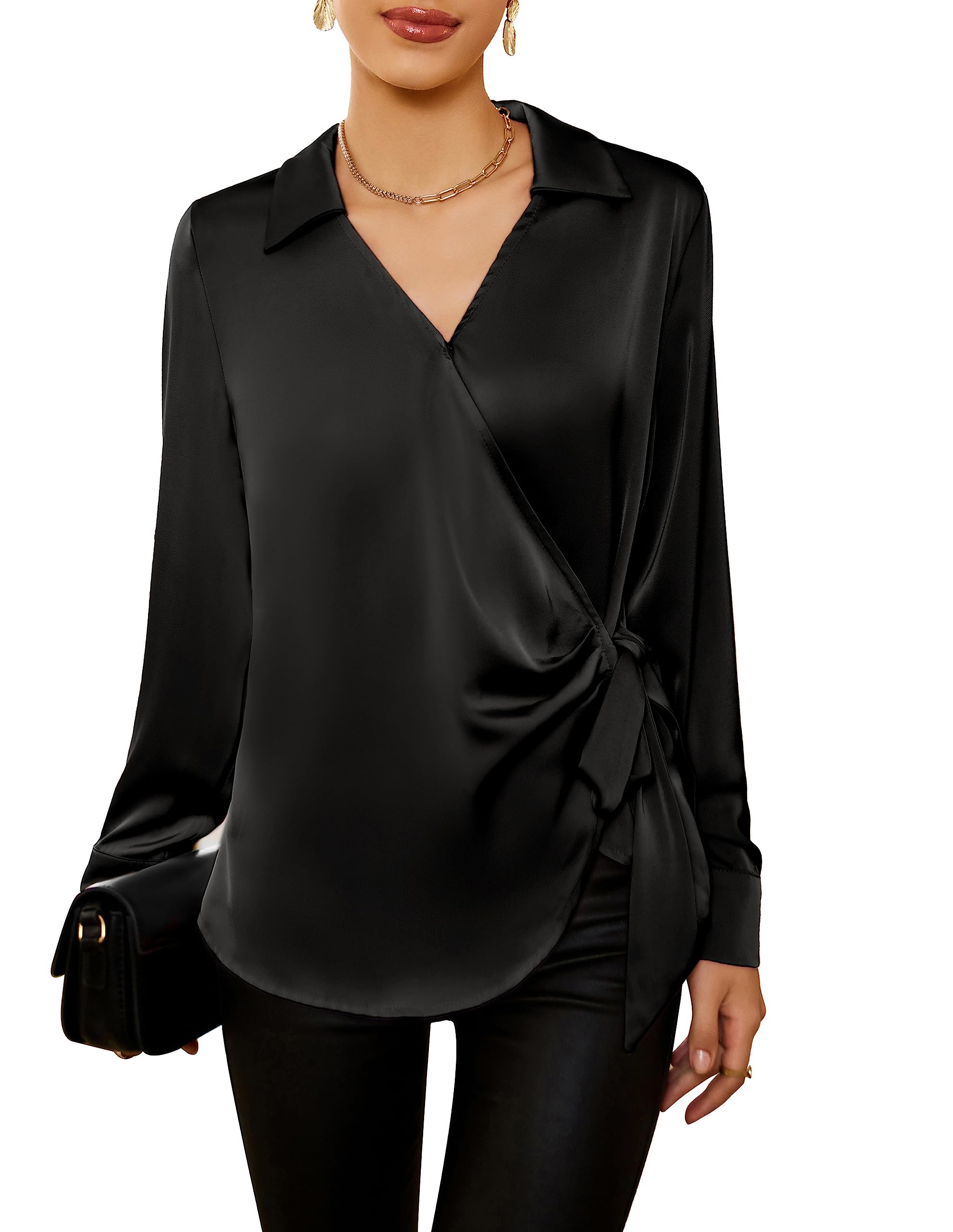 Tunic Satin Tops for Women Cute Tops with Deep V Neck Shirts Sexy Unique Cross Wrap Slim Fit Tie ...