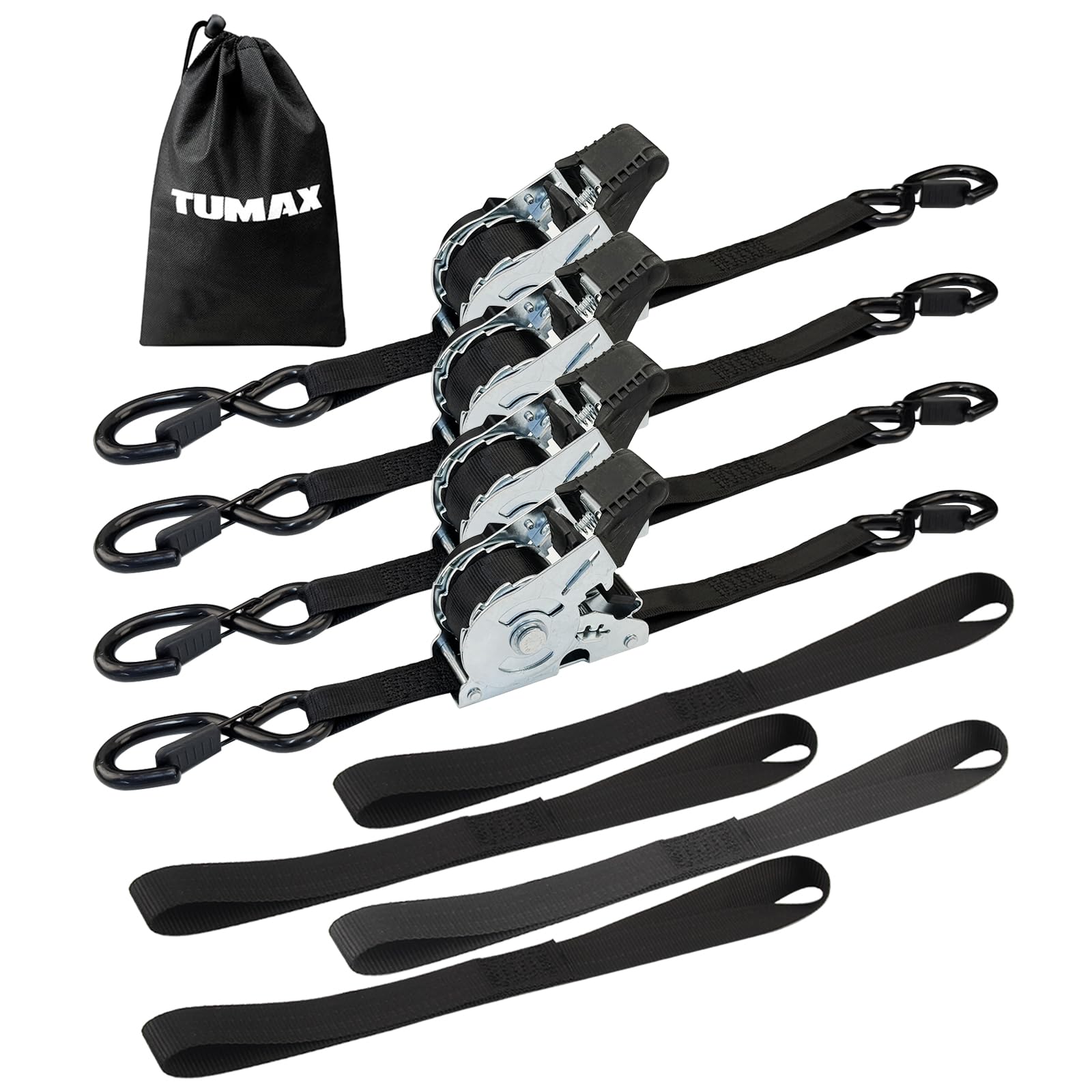 TUMAX Retractable Ratchet Tie Down Straps(4PK) with S-Hooks, 1500lb Max ...