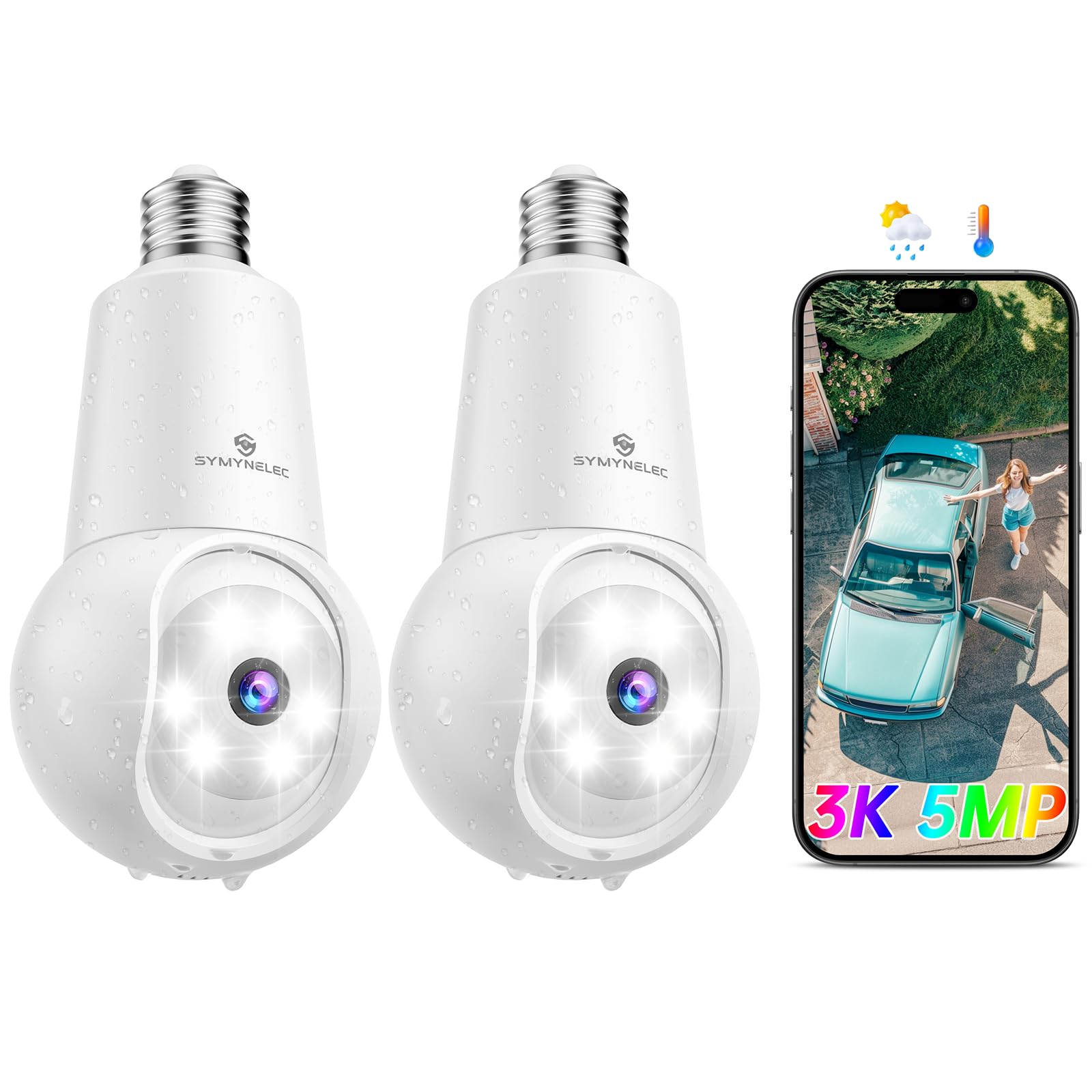 SYMYNELEC 3K 5MP Light Bulb Security Camera Outdoor 2PCS, Human/Vehicle ...