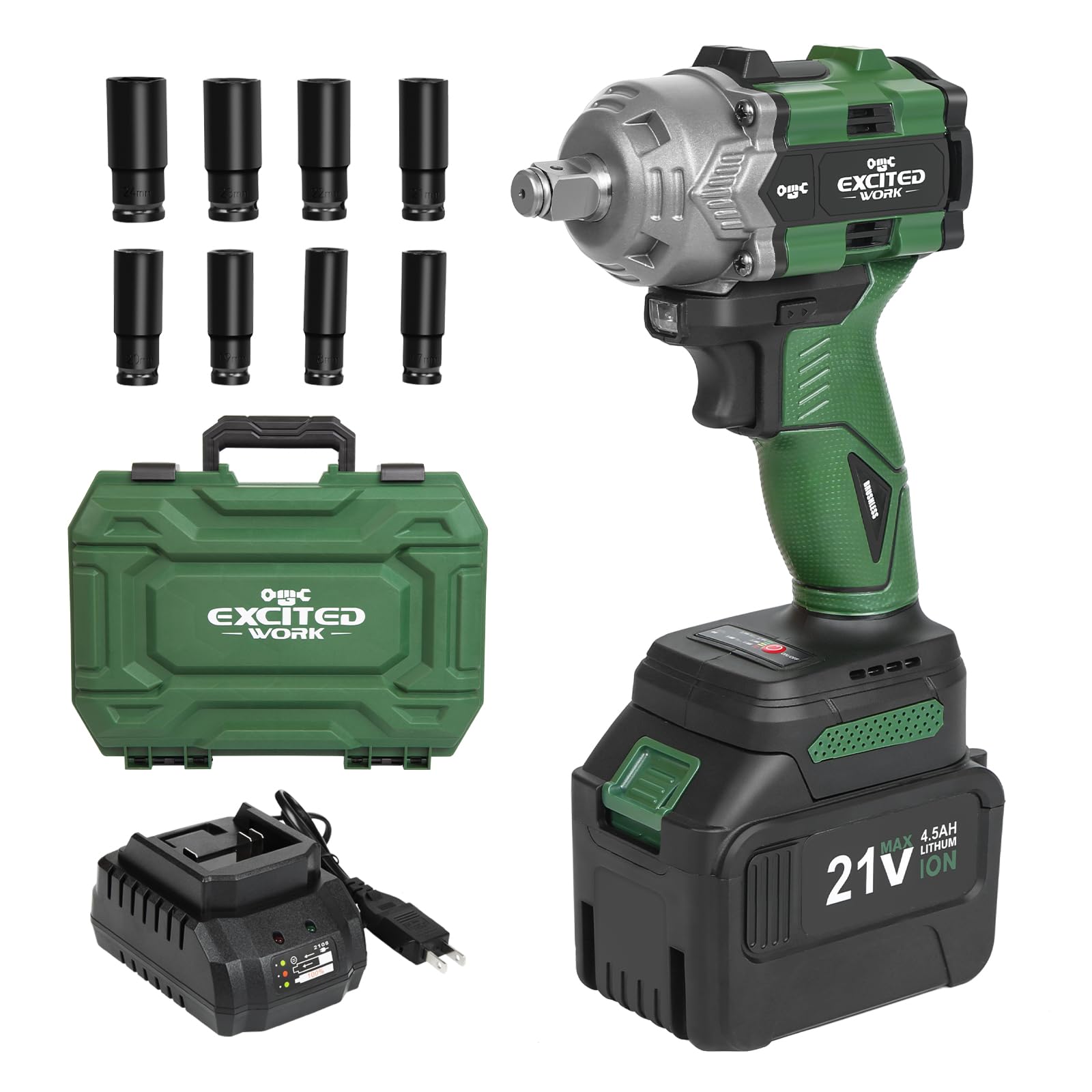 Excited Work Brushless 1/2 Inch 20V Impact Wrench Kit, 600Nm Brushless ...