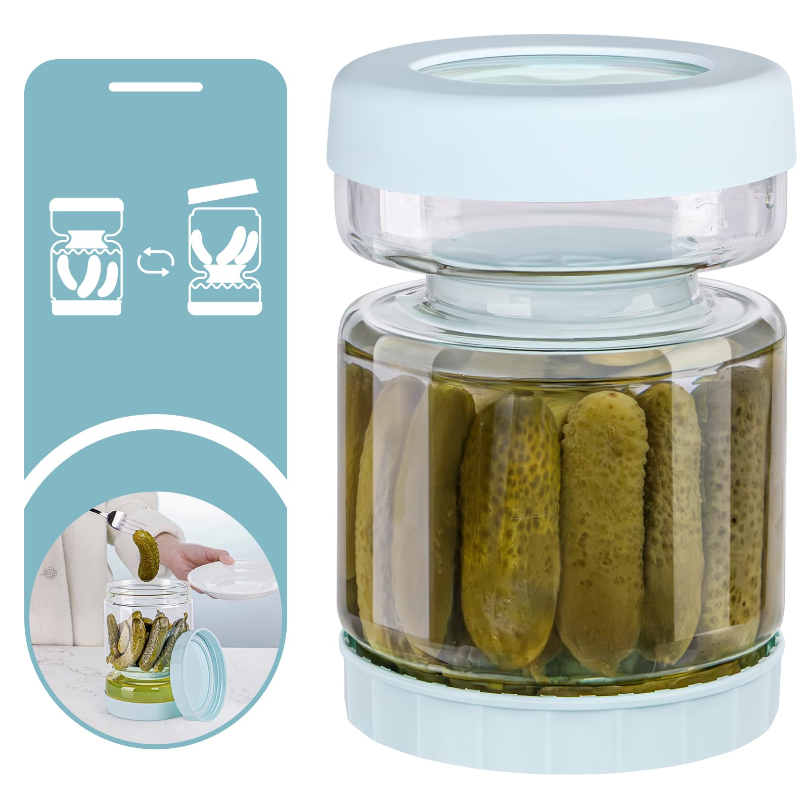 WhiteRhino Pickle Jar with Strainer Flip,51oz Glass Pickle Container ...