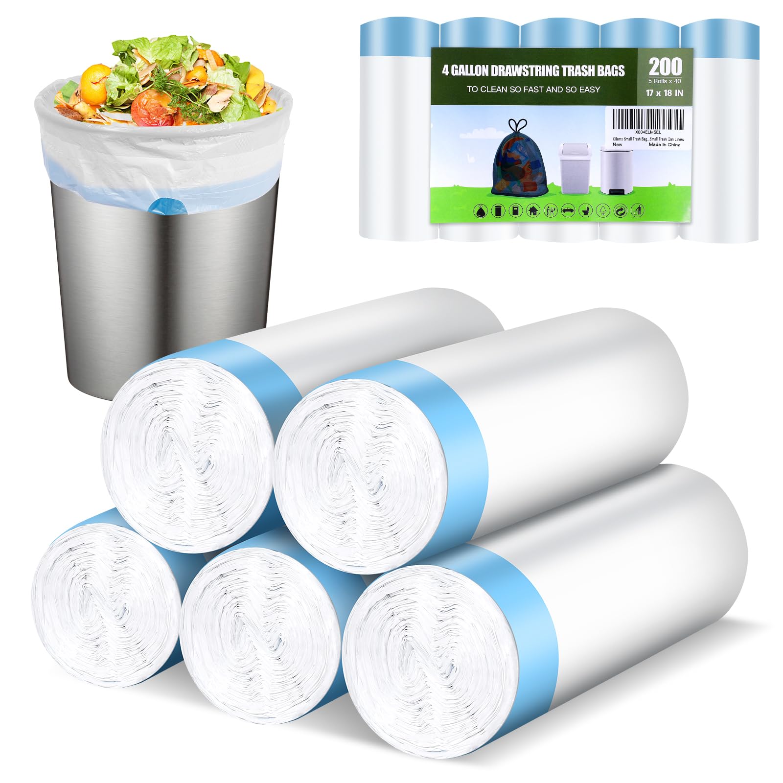 Cilamo Small Trash Bags 200 Counts - 4 Gallon Trash Bags Drawstring ...