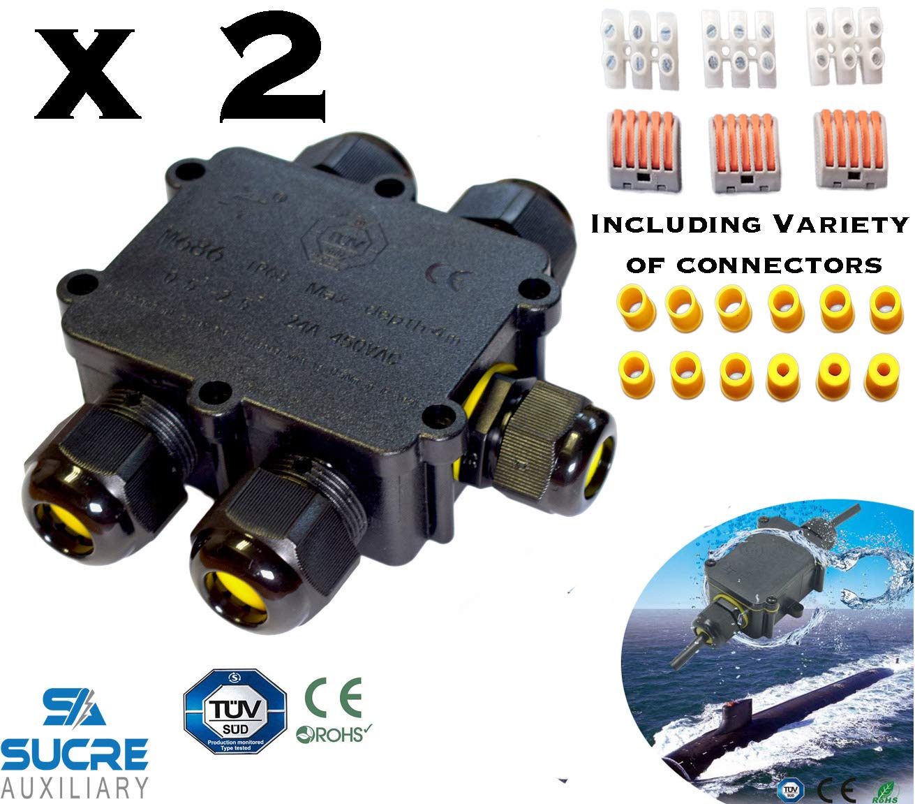 2 Packs of 24A 450V AC IP68 Waterproof 5 Way Electrical Cable Wire ...