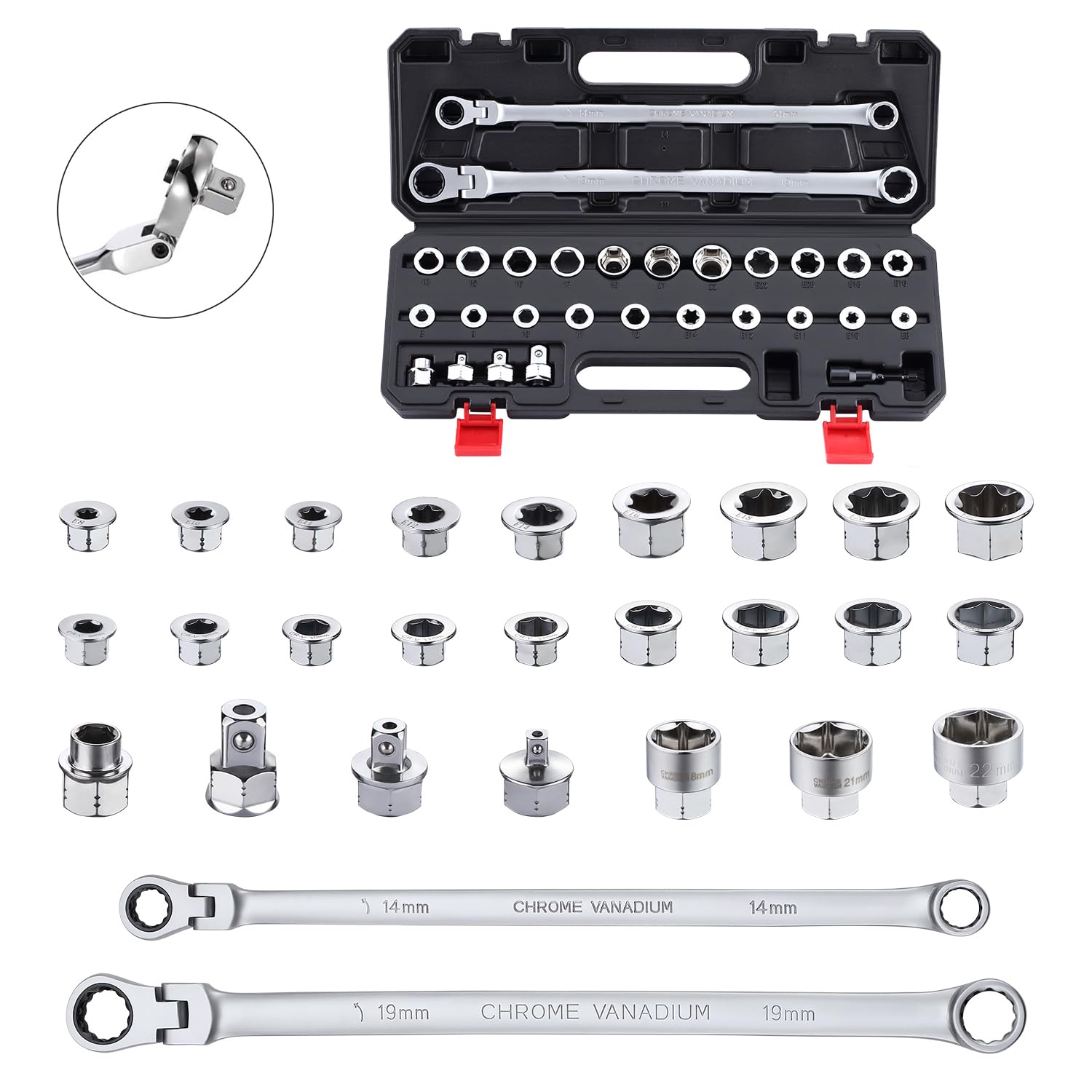 AKM TOOL 27 PC Flex Head Ratcheting Wrench Set, Metric | 72-Tooth | 8 ...