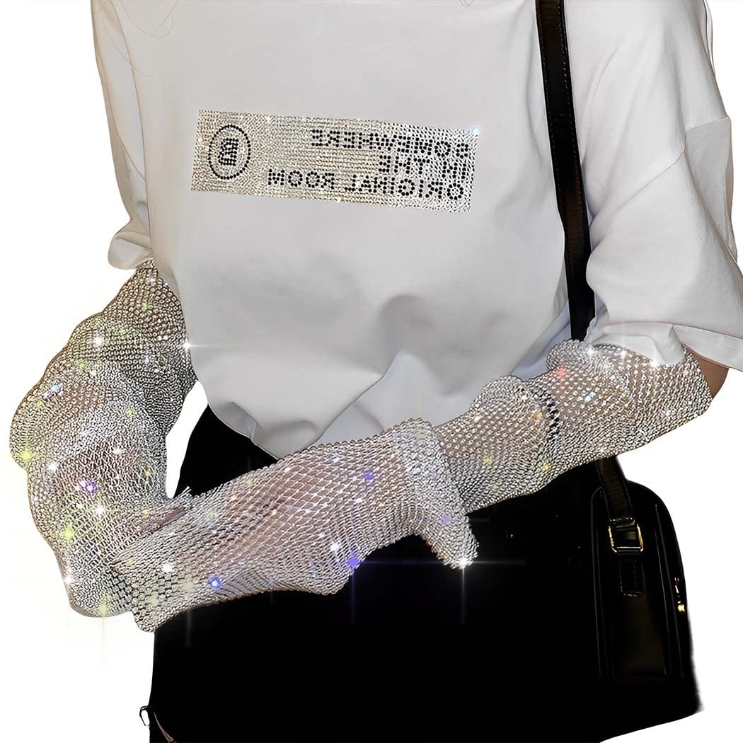 Yikisdy Rhinestone Fingerless Gloves - Stretch Fishnet Elbow Party Rave ...