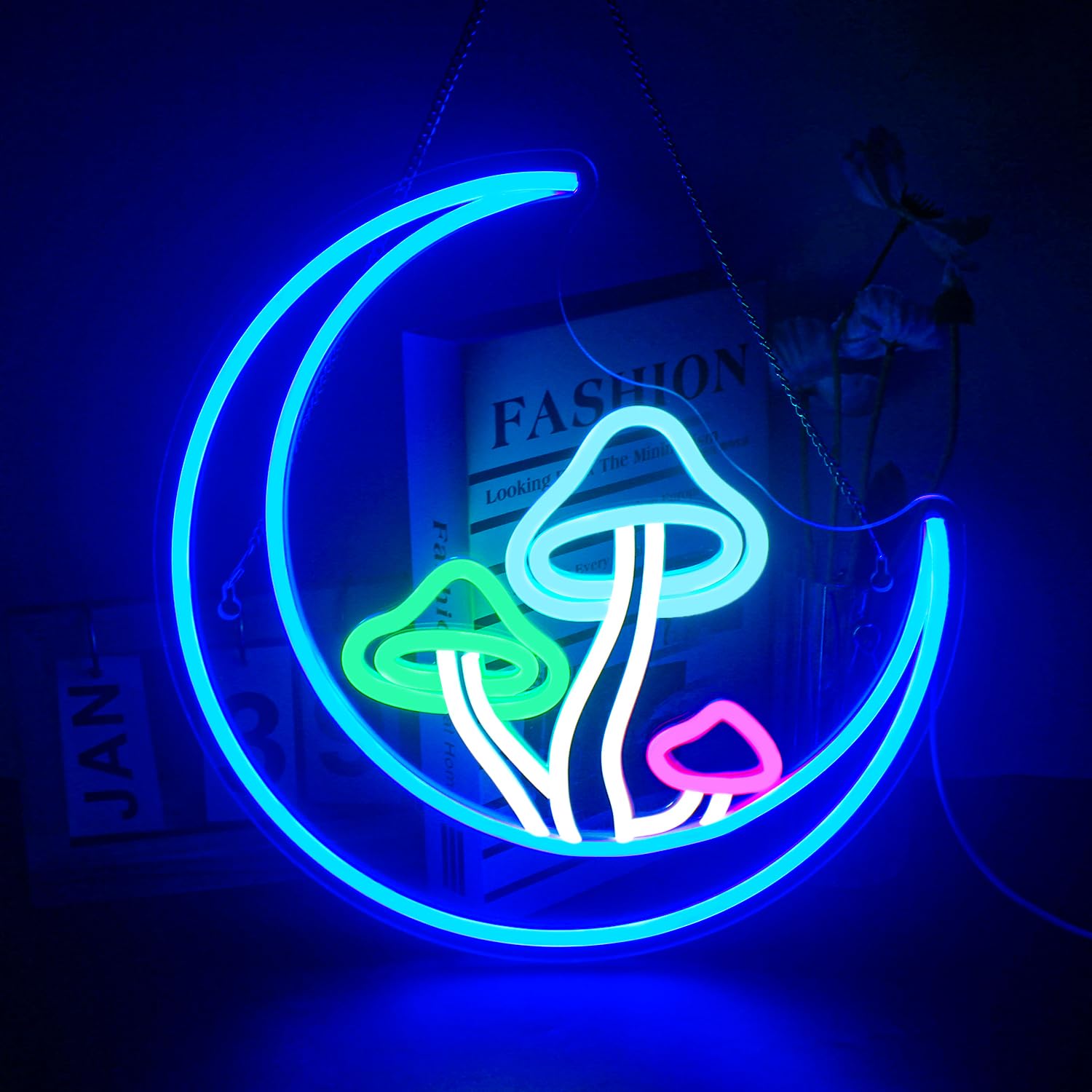 DREAMFORT Moon Mushroom Neon Sign Blue Moon Neon Lights for Wall Decor ...