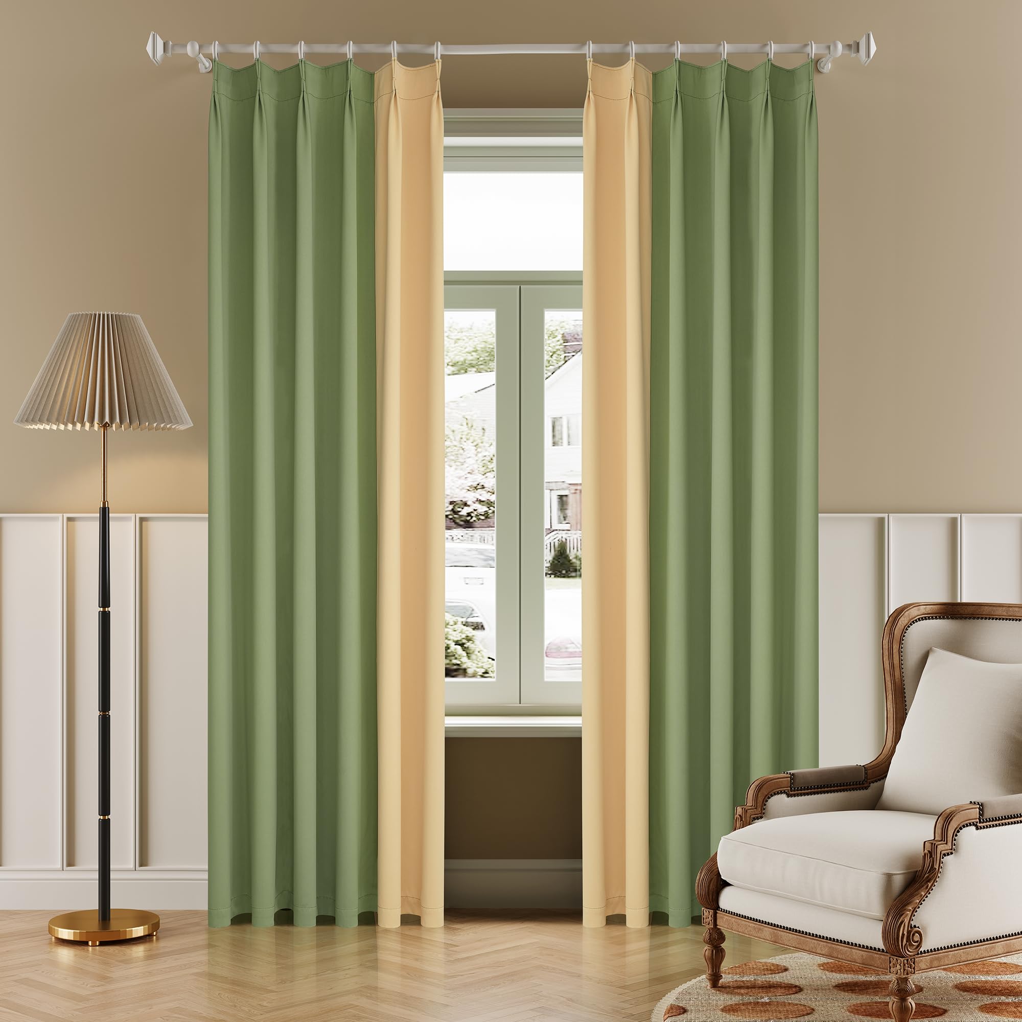 OYRING 96 Inches Long Sage Green and Yellow 2 Colors Pleated Curtains ...