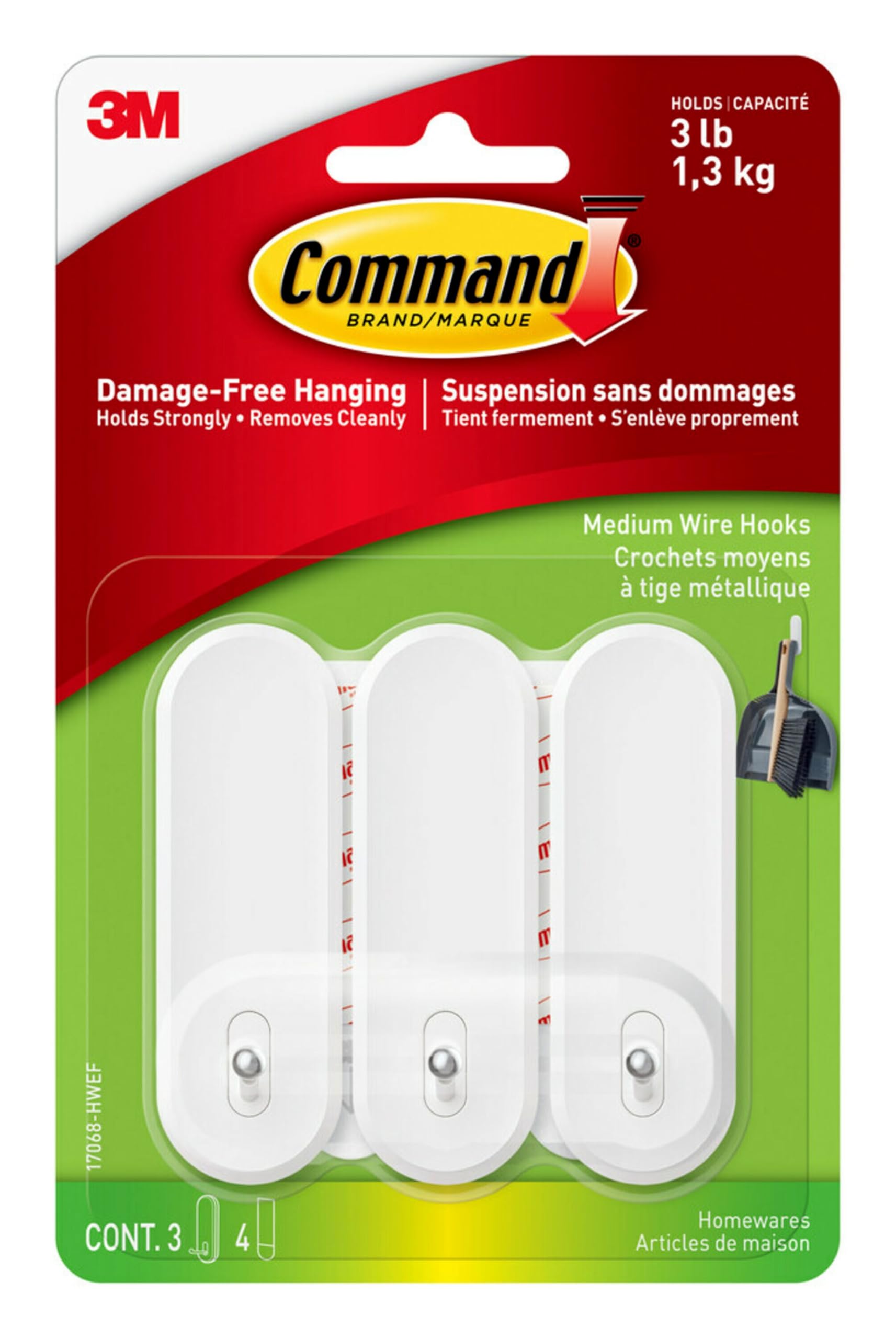 Medium Wire Hooks, Holds up to 3 lb, 3 Hooks, 4 Strips, Damage free ...