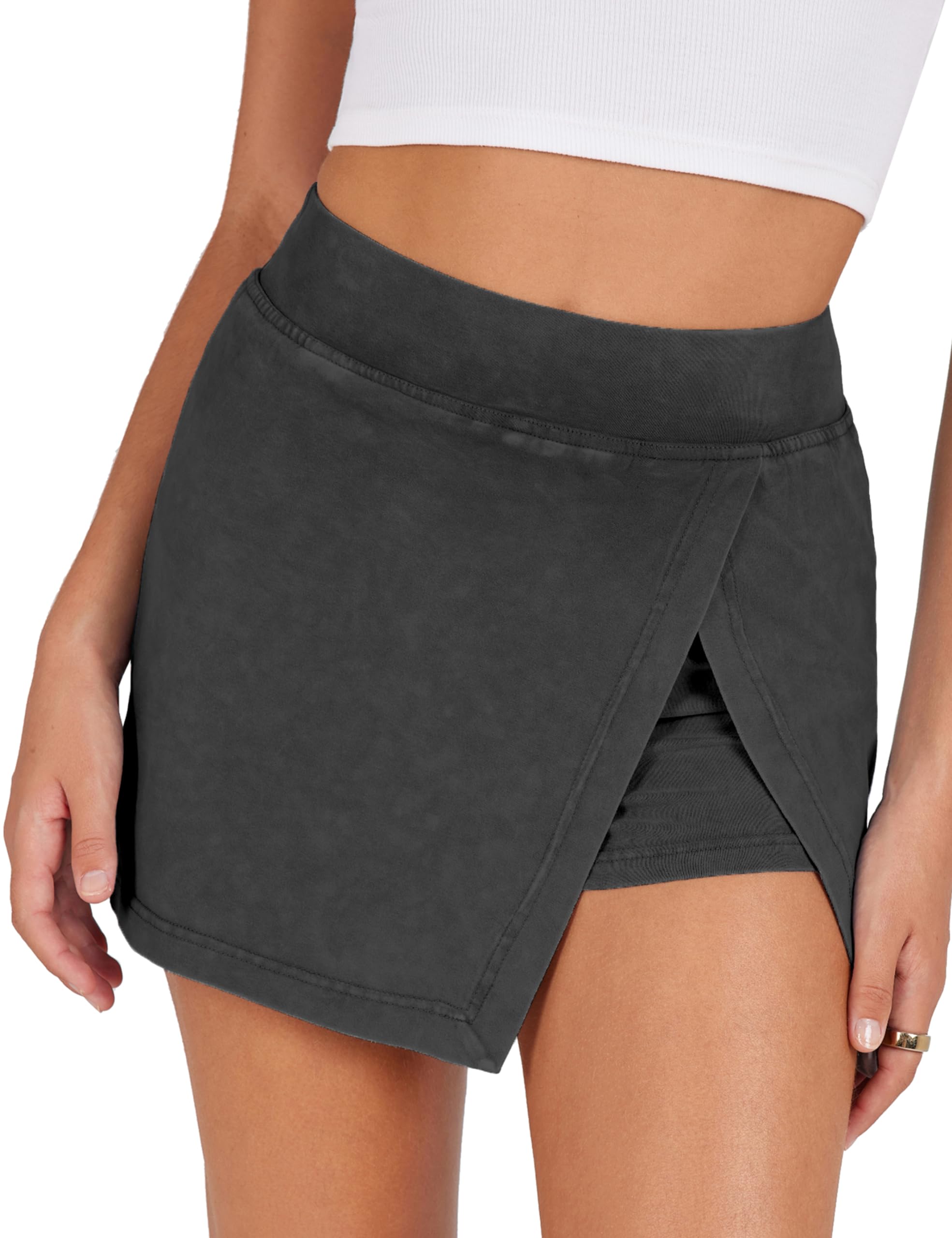 Lianlive Women's Mini Skirt High Waist Casual Split Hem Black Skort ...