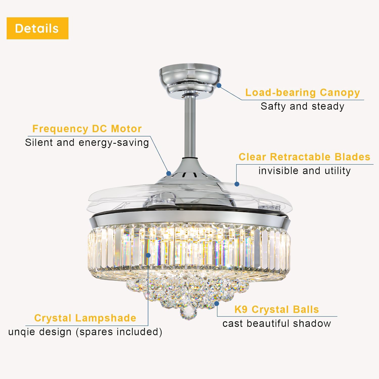 Mua Moooni Modern Dimmable Crystal Fandelier, Retractable Blades ...
