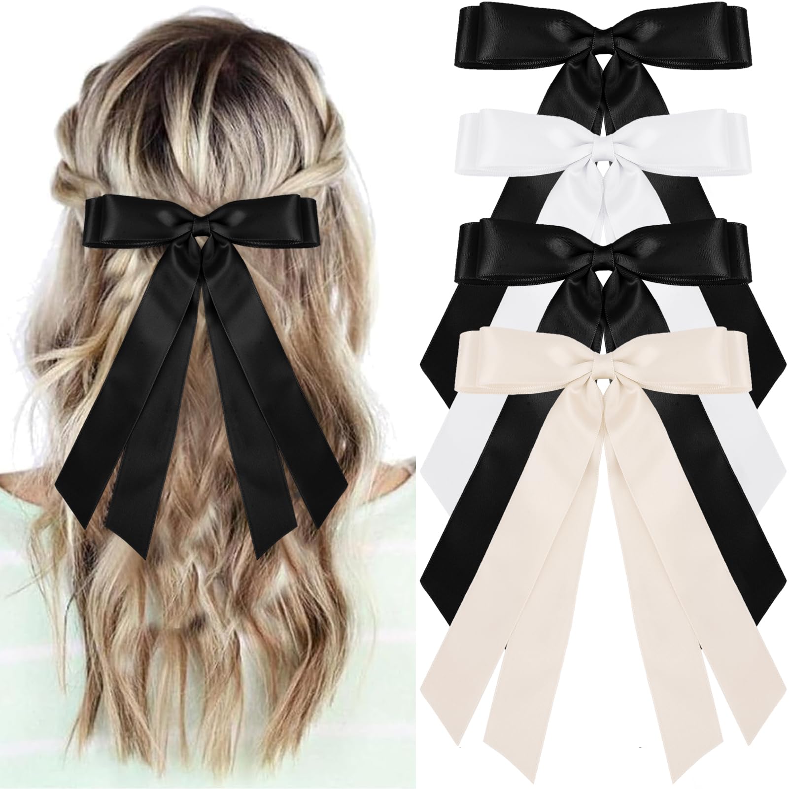 Lestp 4Pcs Hair Bows Black Small Bow Hair Clips White Beige Tassel ...