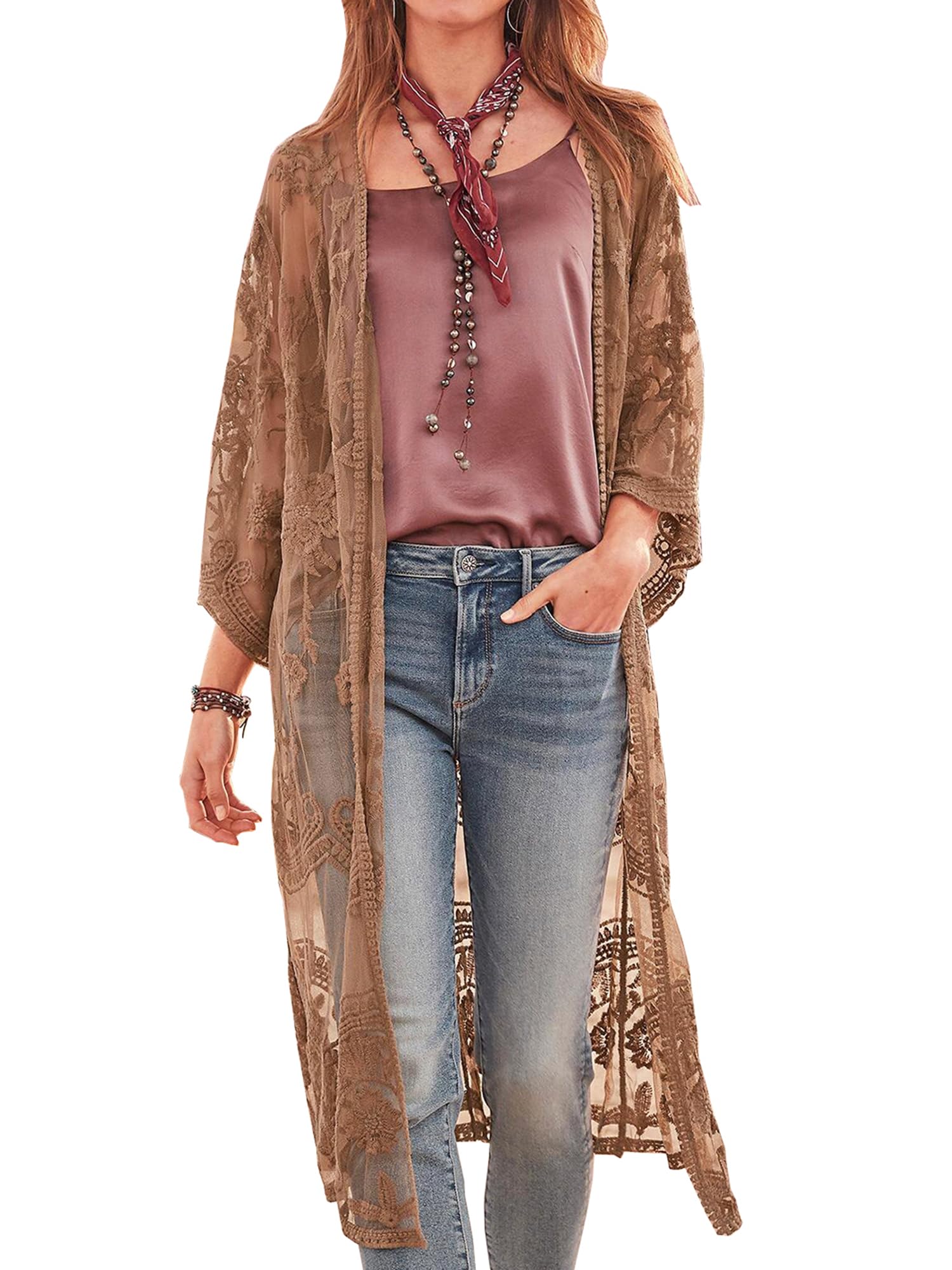 FaroDor Women's Long Flowy Lace Crochet Kimono Cardigan Boho Style ...