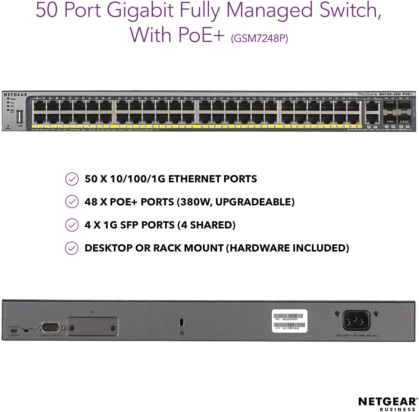 NETGEAR 50-Port Gigabit Ethernet Fully Managed PoE Switch (GSM7248P ...