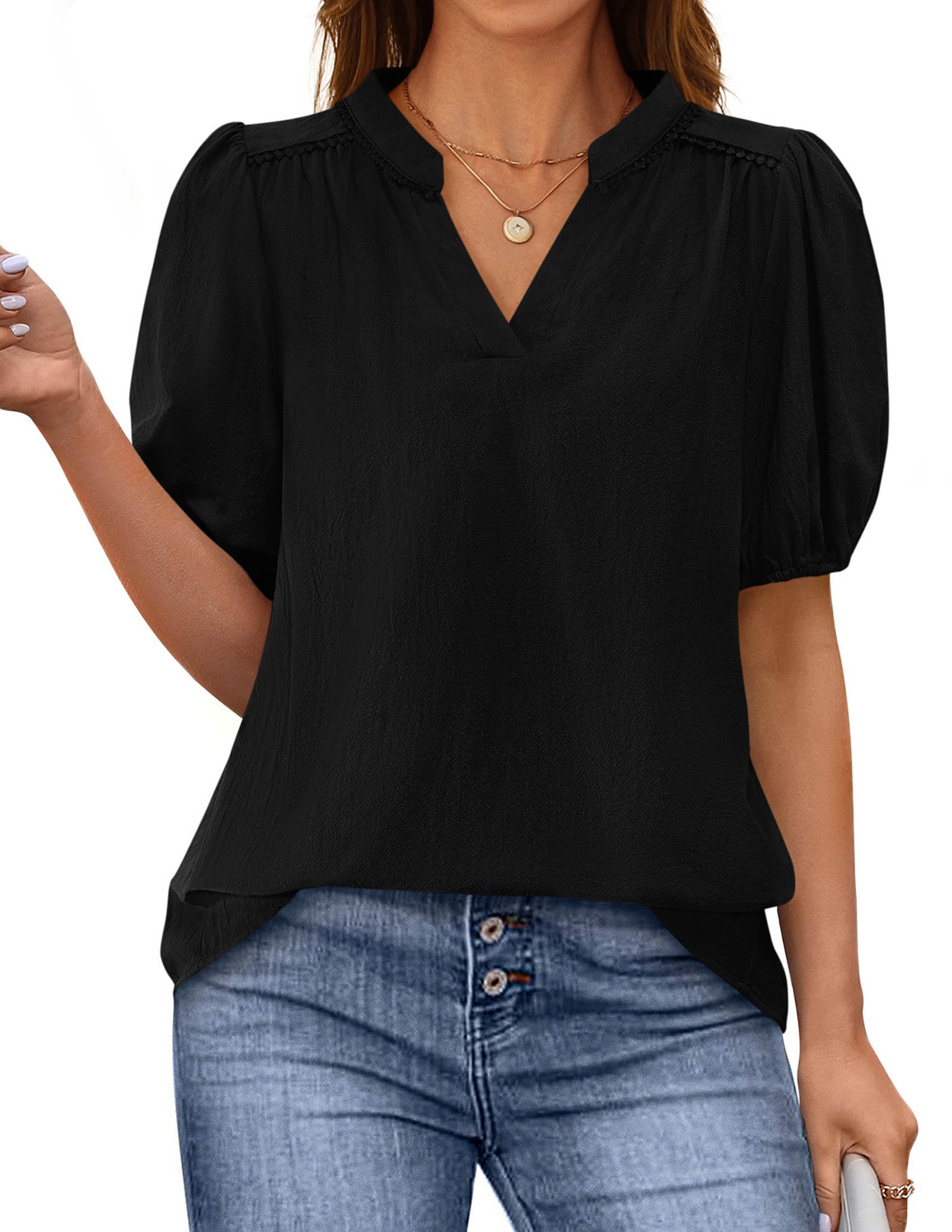 PRETTYGARDEN Womens Casual Summer Tops 2025 V Neck Short Puff Sleeve ...