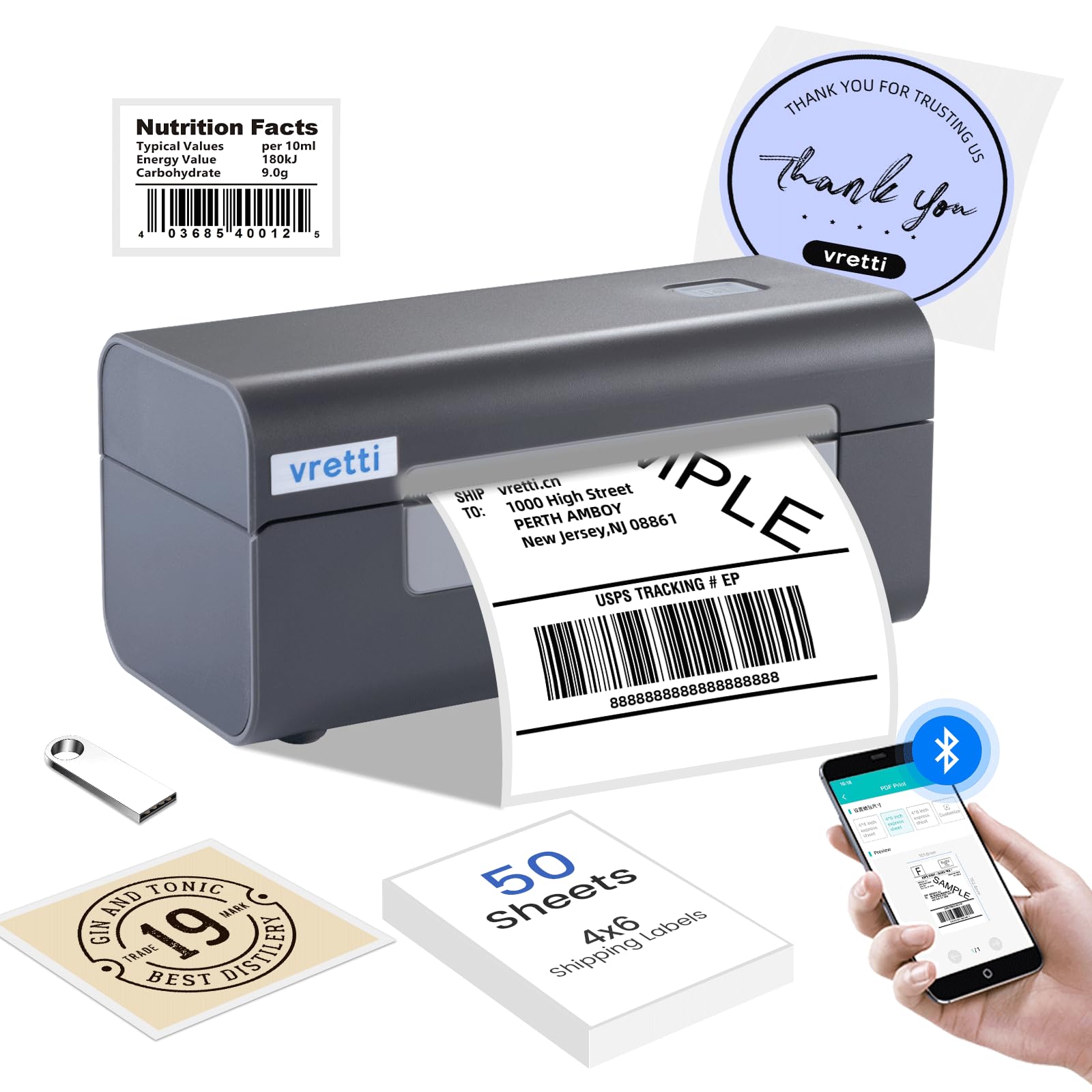 vretti Bluetooth Thermal Shipping Label Printer,4x6 Wireless Shipping ...