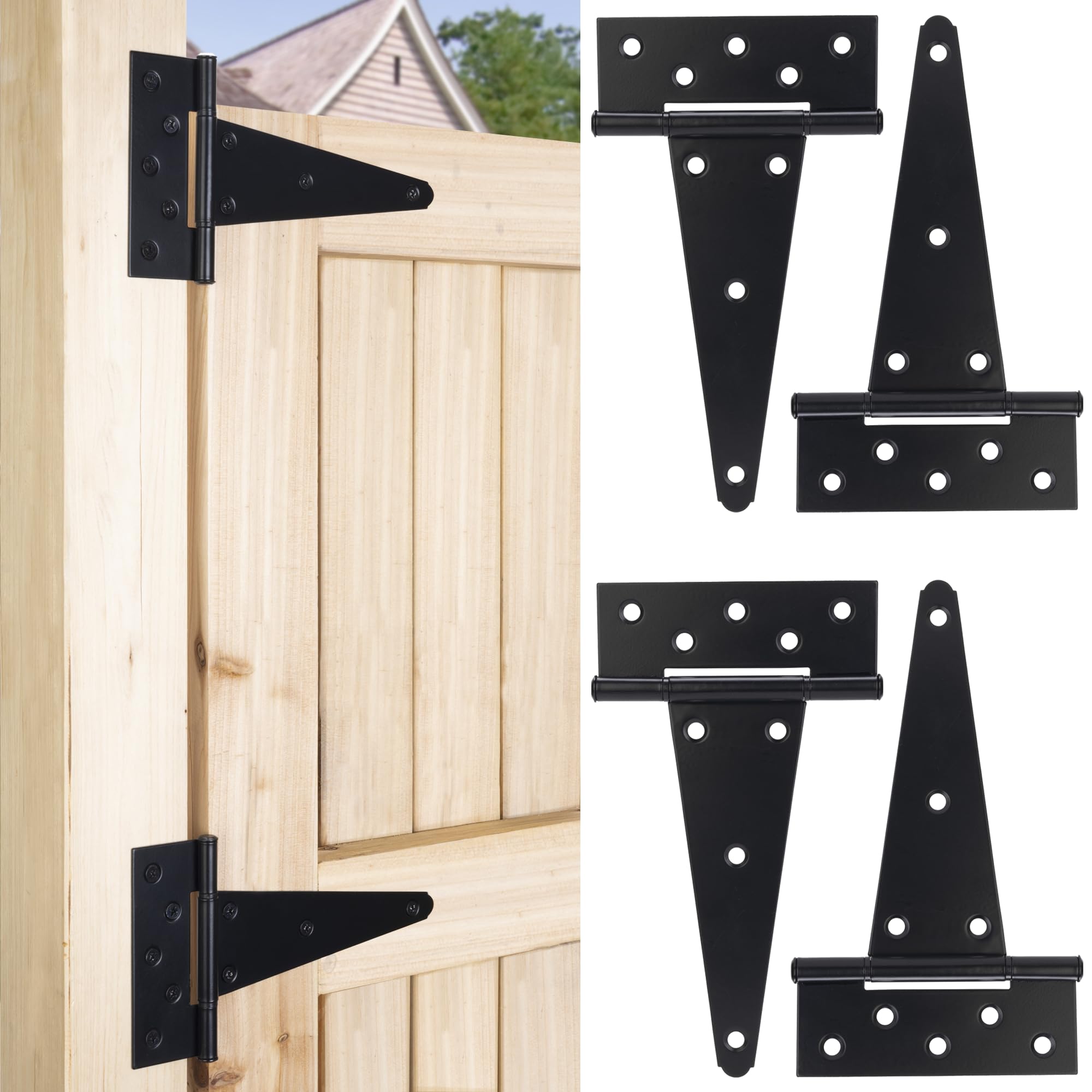 8 Inch T-Strap Gate Hinges, Heavy Duty Shed Barn Door Hinges, Black Tee ...