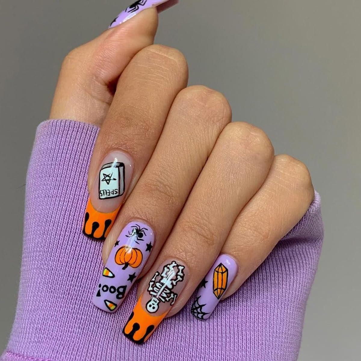 Long Coffin Press on Nails Halloween French Tip Fake Nails Full Cover ...