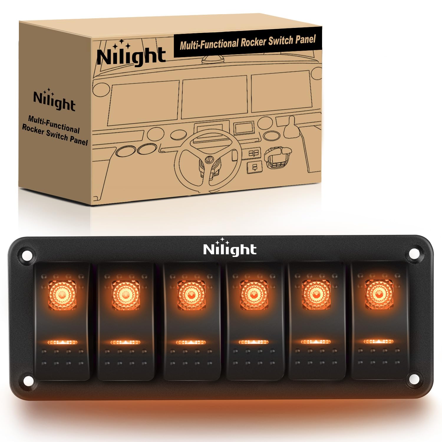Nilight 6 Gang Rocker Switch Panel with Orange LED Light 5 Pin On Off ...