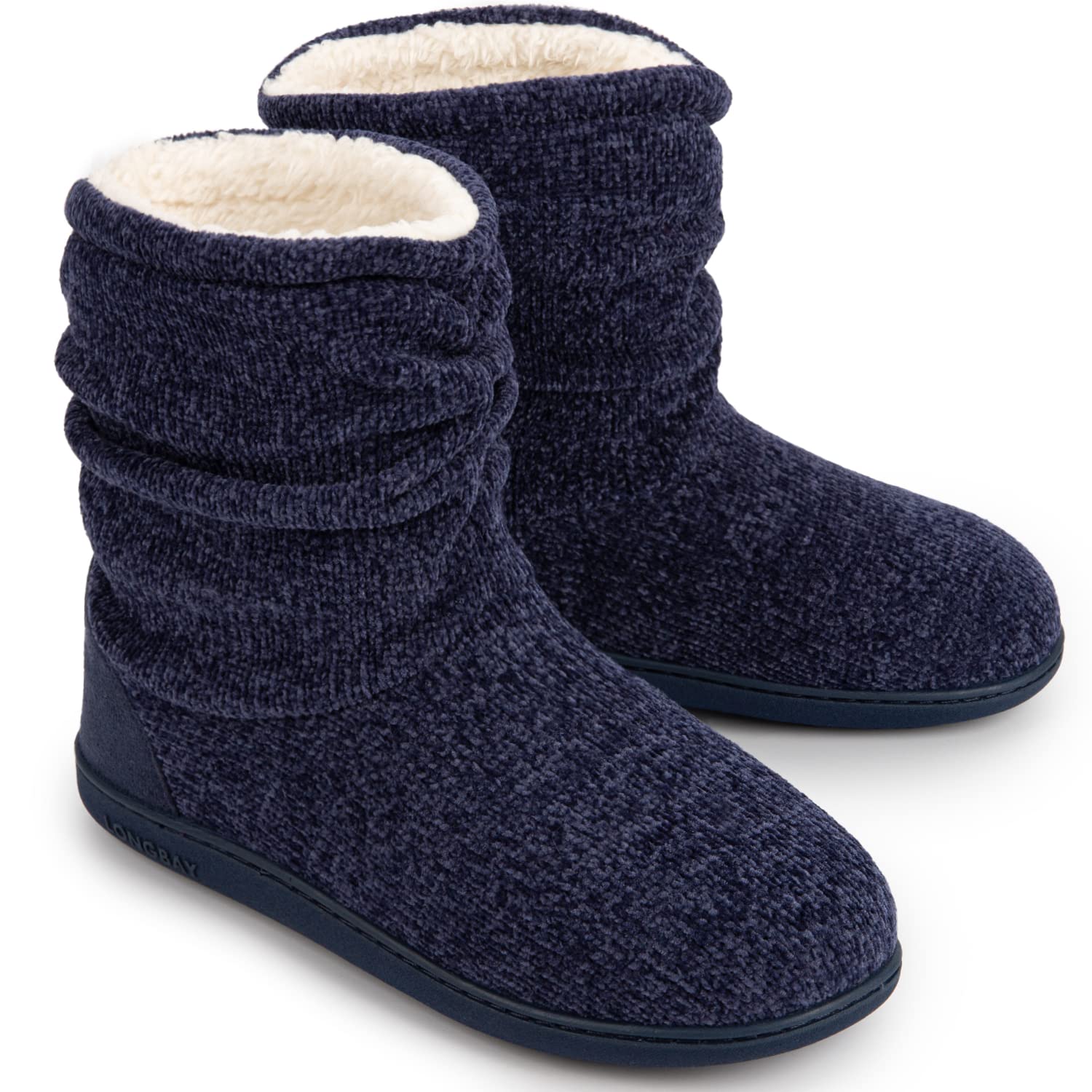LongBay Women's Chenille Knit Bootie Slippers Cute Plush Fleece Memory ...