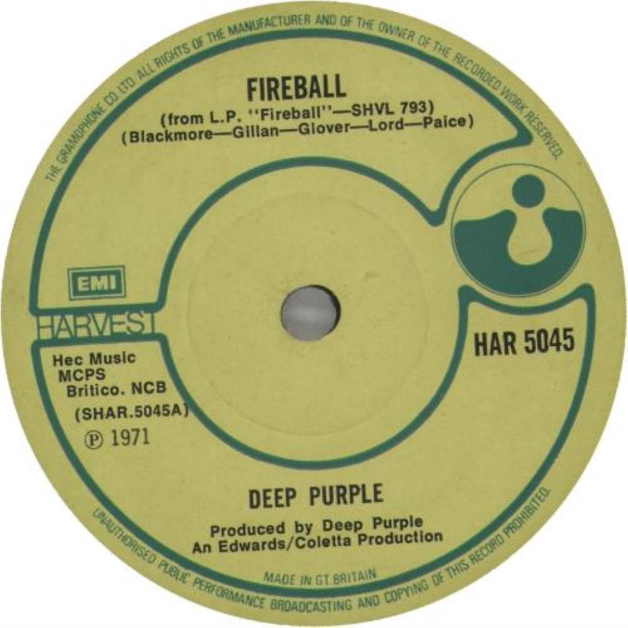 DEEP PURPLE fireball, 7 inch single, HAR 5045 - DEEP PURPLE