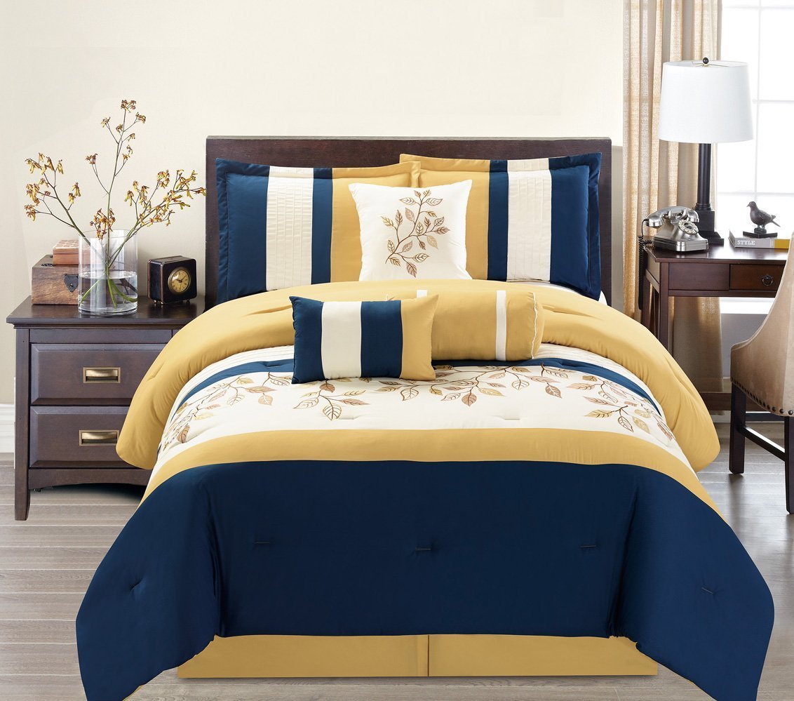 Amazon.com: 7 Piece Modern Oversize Yellow / Navy Blue / Beige Leaf ...