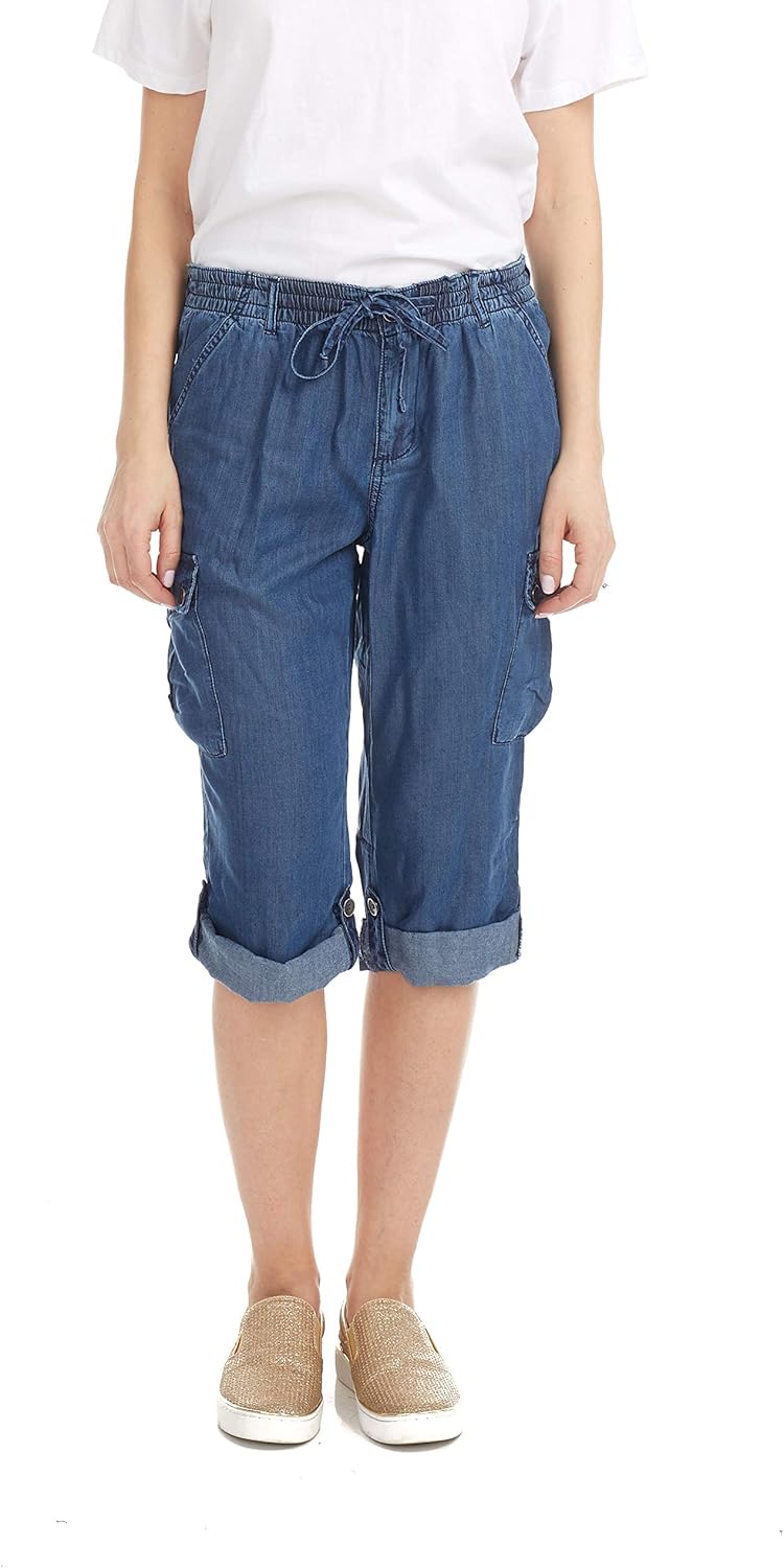 Suko Jeans Women's Tencel Capris Cargo Pants Adjustable 17473 Blue ...