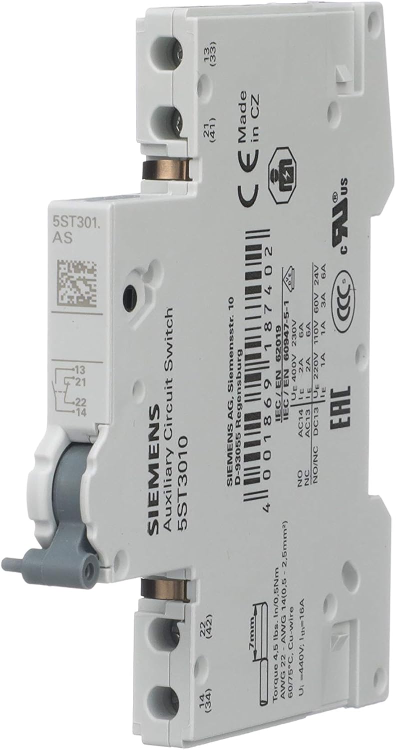 Siemens 5ST3010 Auxiliary Switch 1NO+1NC for MCB 5SL, 5SY, 5SP, ON-Off ...