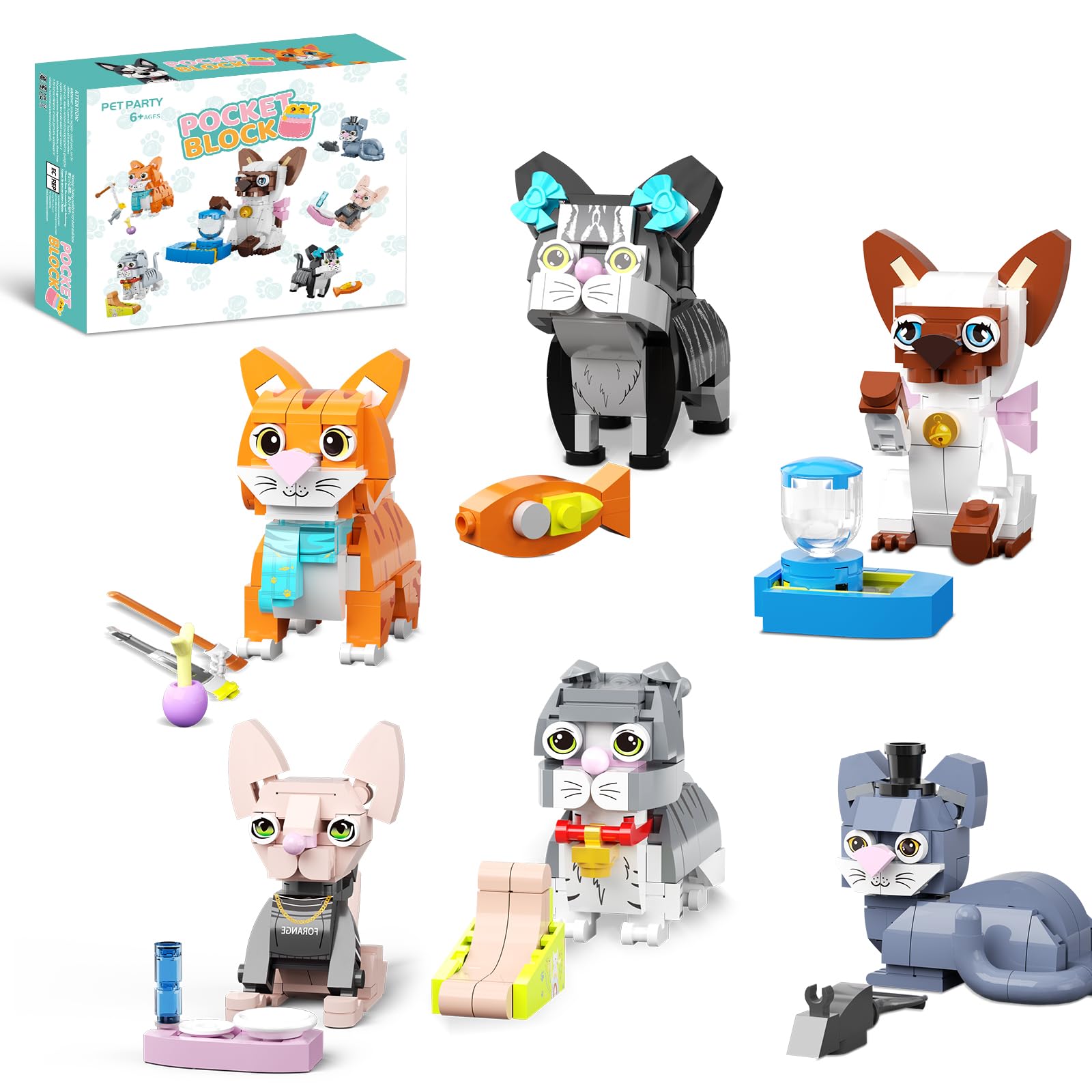 6pack Party Favors Mini Cats Building- Compatible with Lego Cute Animal ...