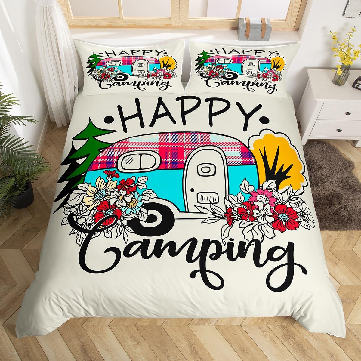 Erosebridal Happy Camping Bedding Set Camping Comforter Cover Set Queen ...