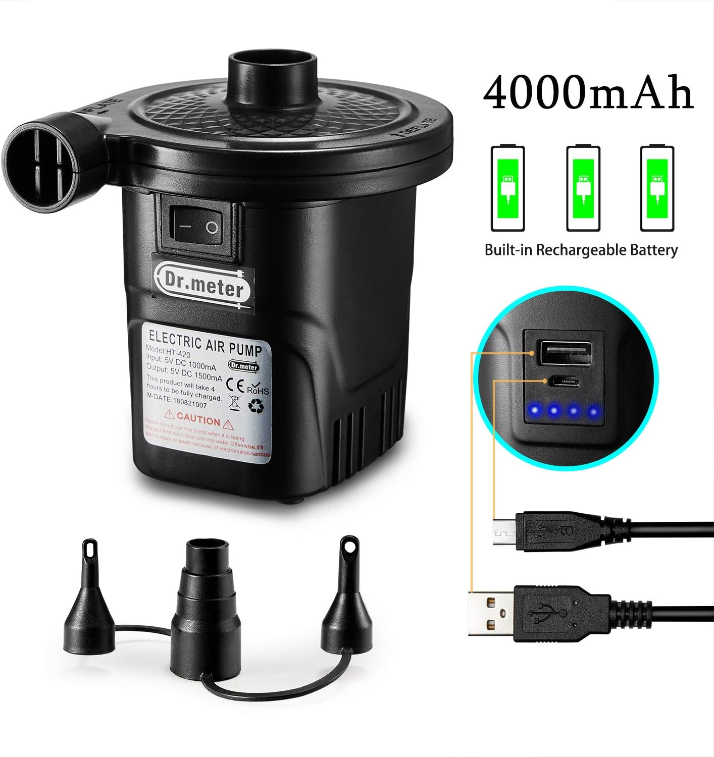 Drr Electric Air Pump, Quick-Fill Electric Rechargeable Inflator for ...