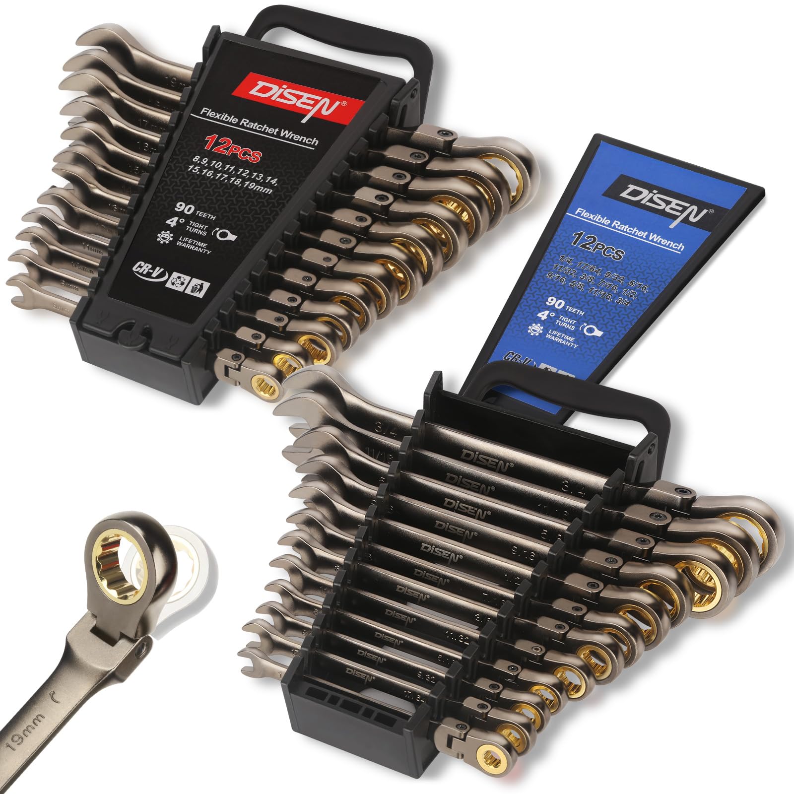 DISEN 24pcs 90-Teeth Ratchet Wrenches Set, Flex-Head Ratcheting Wrench ...