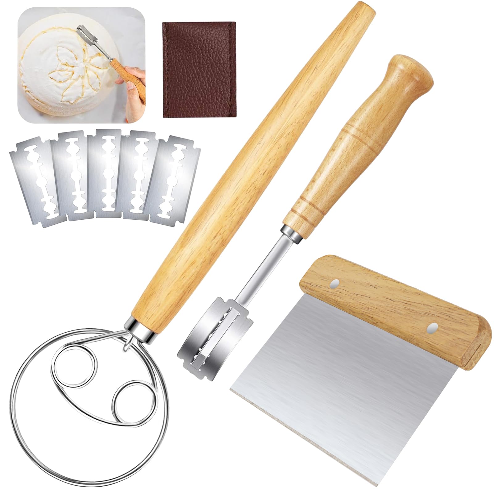 Danish Dough Bread Whisk Set of 3, with Wooden Handle Bread Mixer Tools ...
