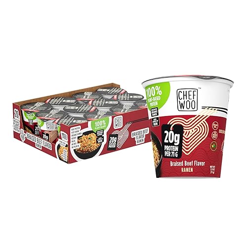 CHEF WOO Braised Beef Ramen Cup High Protein Noodles (12 PACK), 20g of ...