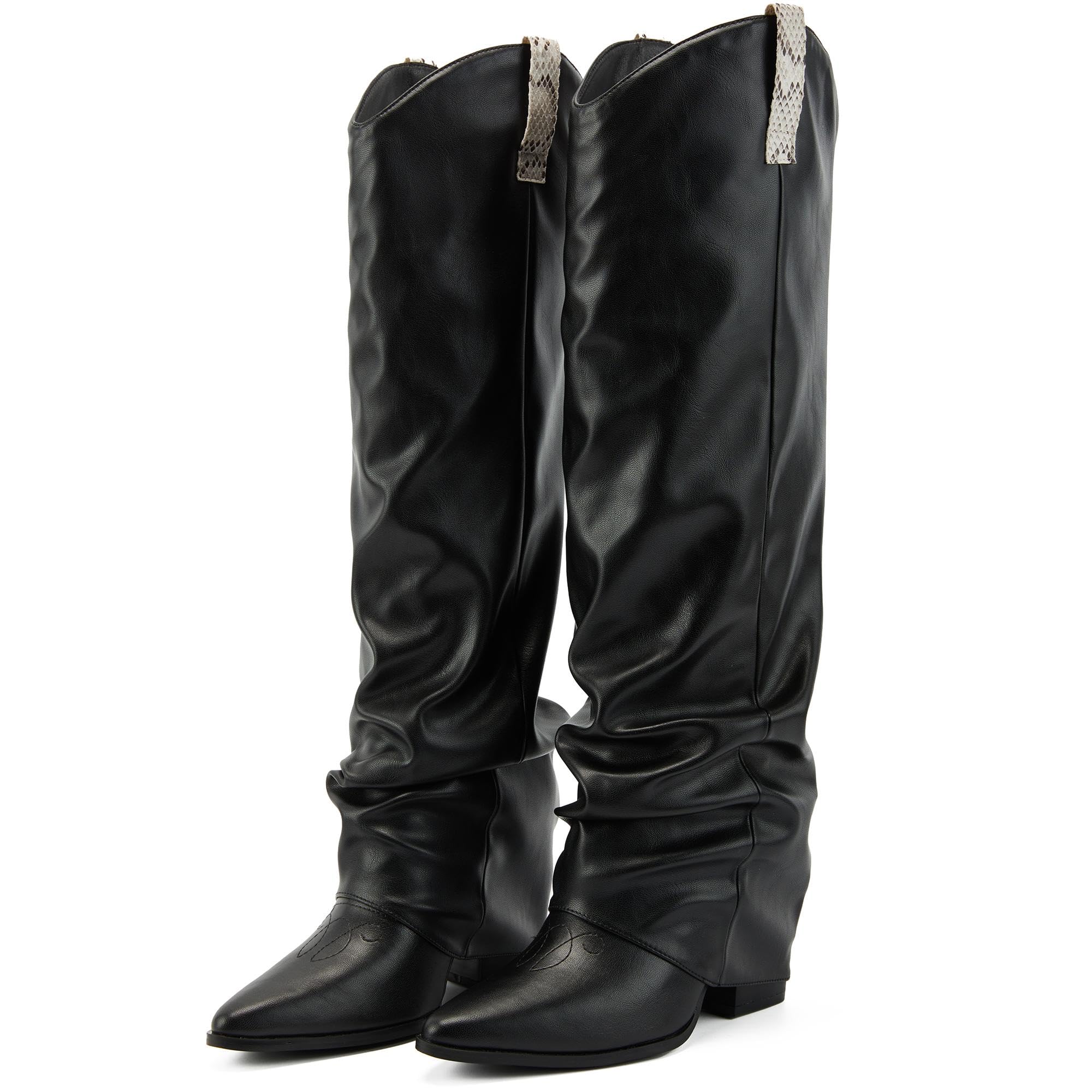 Putu Fold Over Boots for Women Knee High Cowboy Boots Chunky High Heel ...