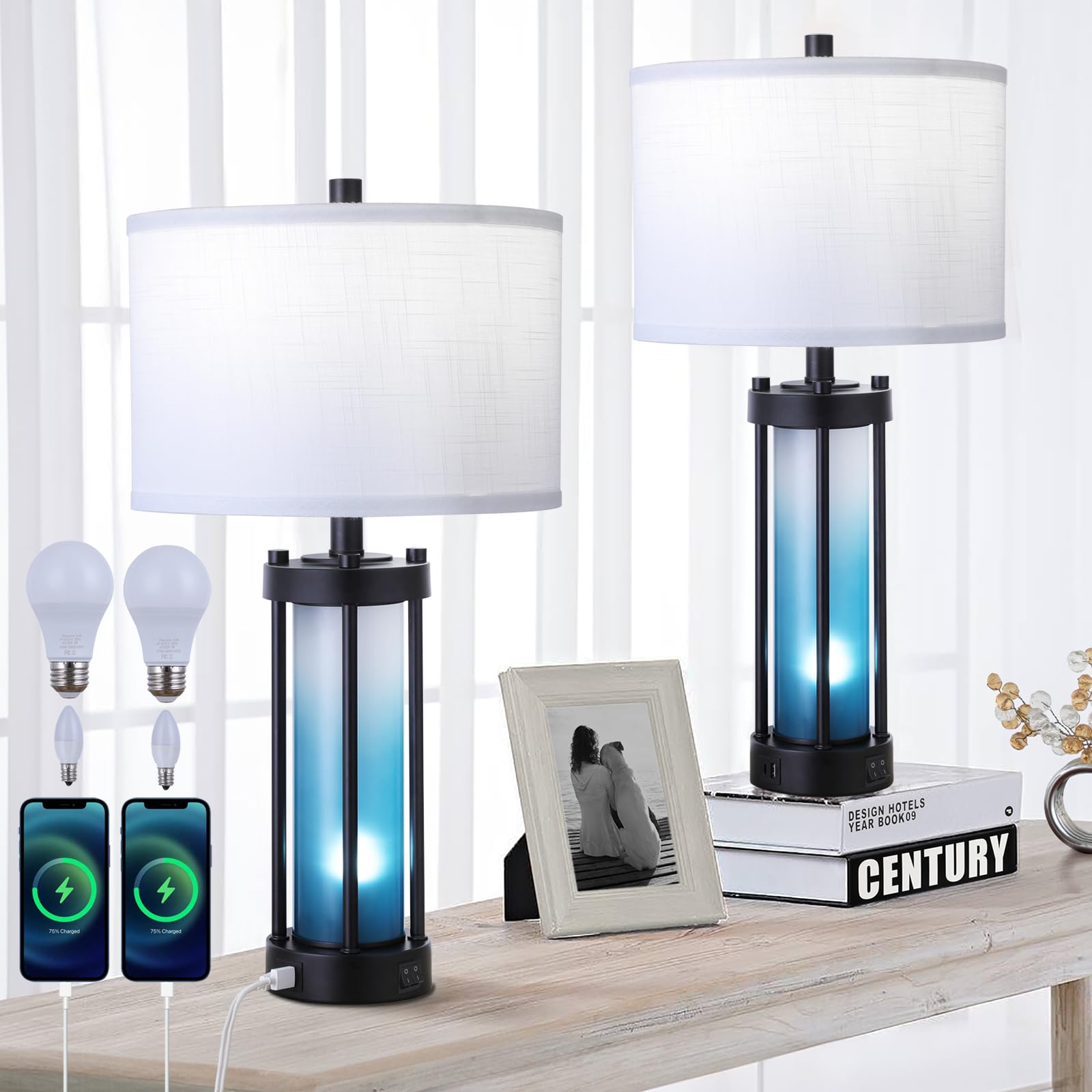 Modern Table Lamps Set of 2, with Night Light Gradient Blue Glass ...