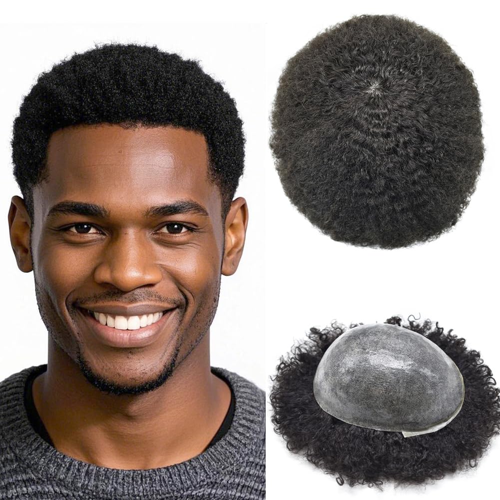 Afro Toupee for Black Men Human Hair Replacement System Skin PU ...