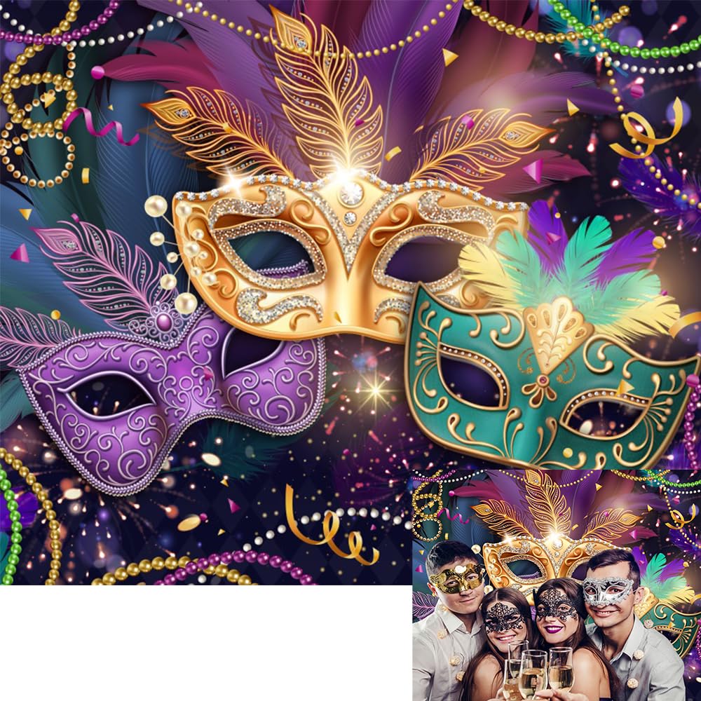 Masquerade Backdrop 10x8ft Colorful Mask Mardi Gras Gold Glitter Beads ...