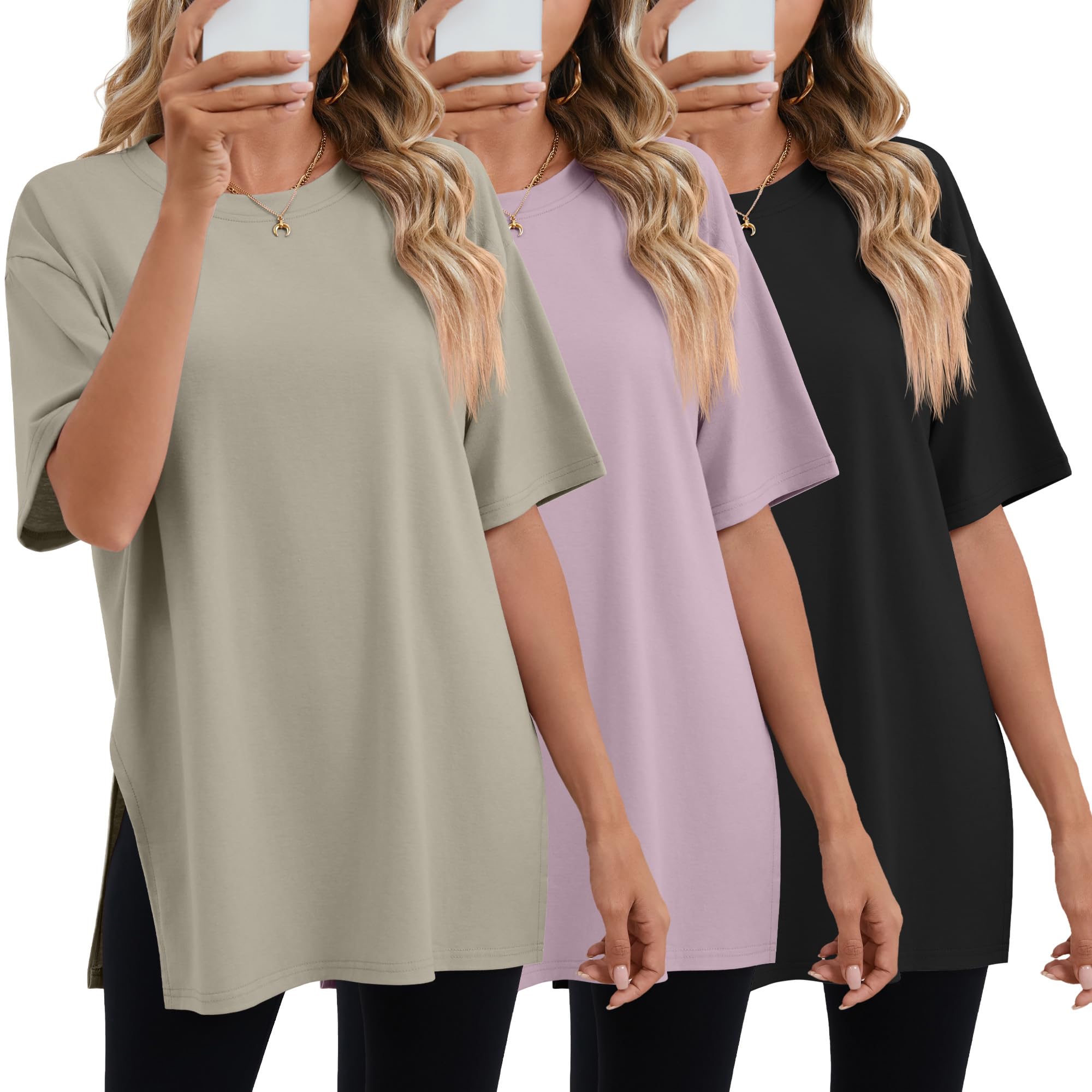 Huukeay 3 Pack Women's Oversized Gym T Shirts Cotton Short Sleeve Side Split Crewneck Tops ...