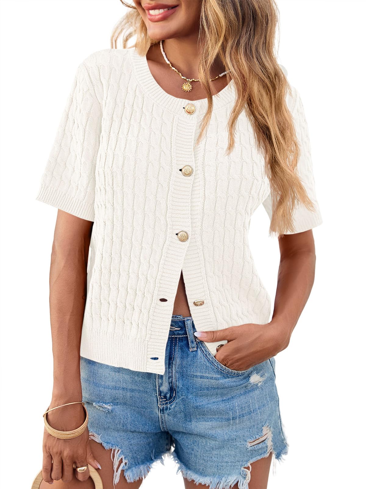 Saodimallsu Womens Summer Short Sleeve Cardigans Cable Knit Cropped ...