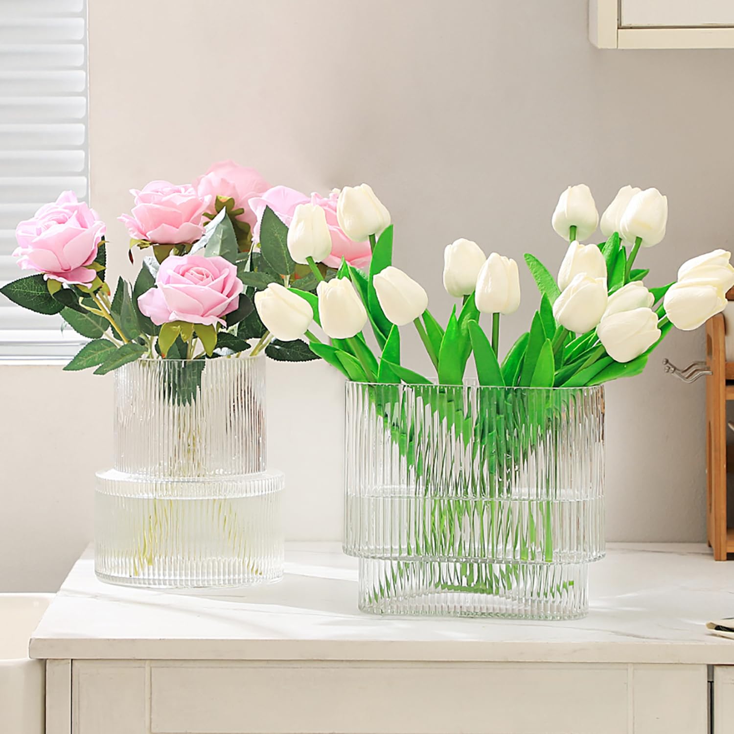 YANWE1 Ribbed Glass Vases, Set of 2 Fluted Vases for Flowers, Clear ...