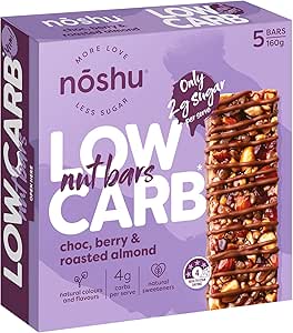 Noshu Low Carb Choc Berry & Roasted Almond Nut Bars – 5 Pack (160g ...